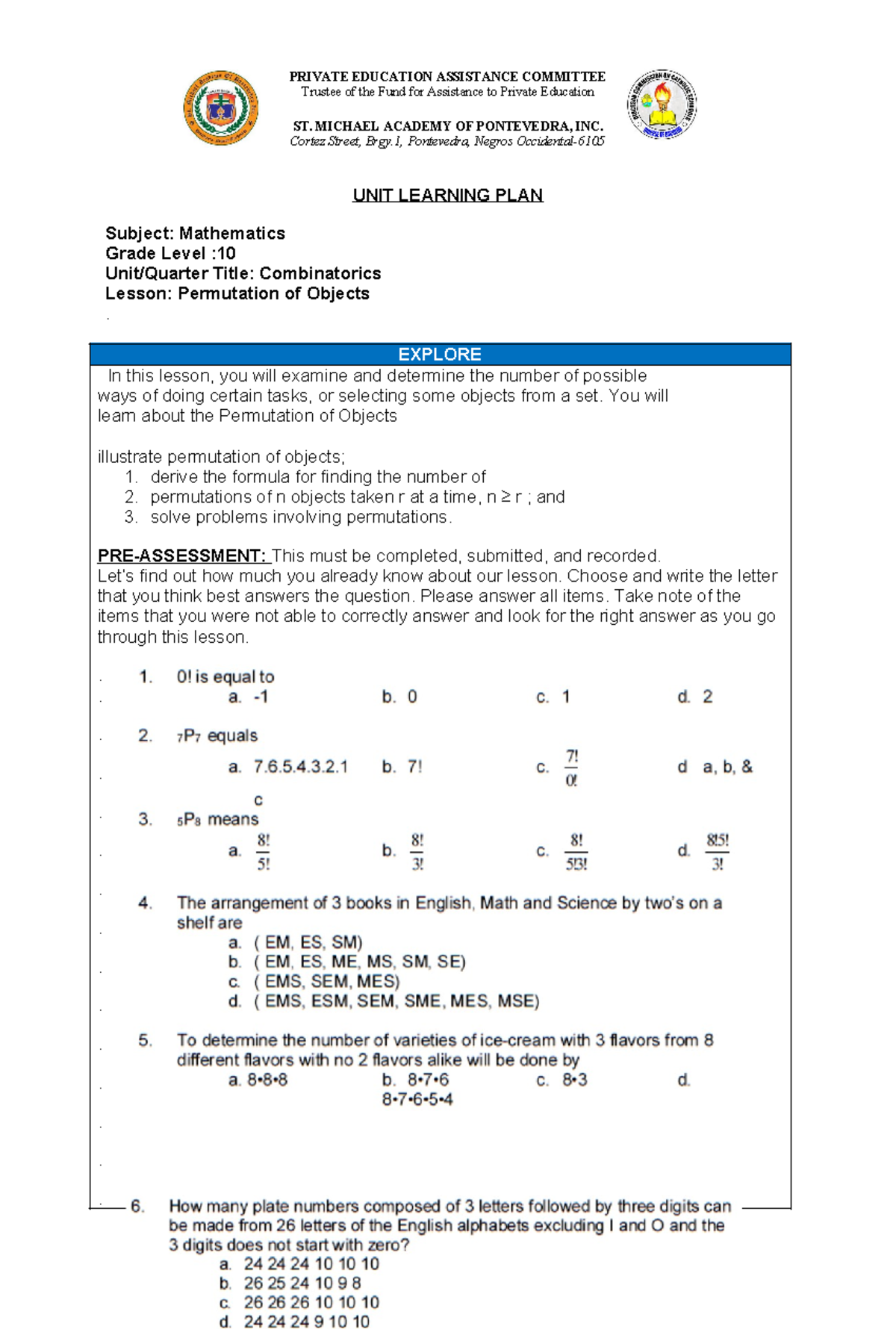 Q3 - LP - MATH 10 - Permutations - Trustee of the Fund for Assistance to Private Education ST ...
