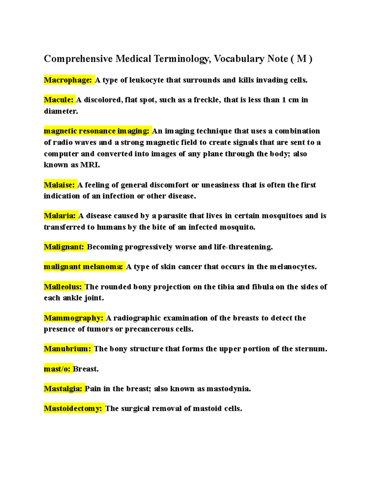 Vocabulary Note ( M ) - Comprehensive Medical Terminology, Vocabulary Note ( M ) Macrophage: A ...