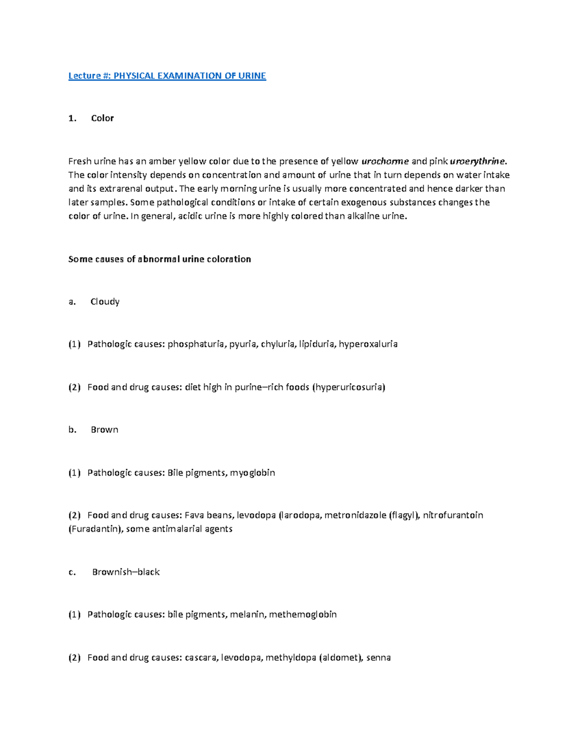 Clinical Microscopy - Notes - Lecture #: PHYSICAL EXAMINATION OF URINE ...