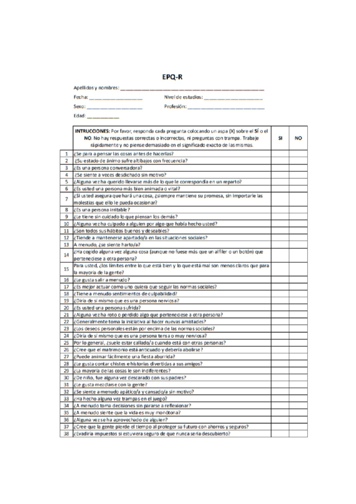 Cuestionario revisado de Eysenck -Test EPQ-R - Apellidos nombres: Fecha ...