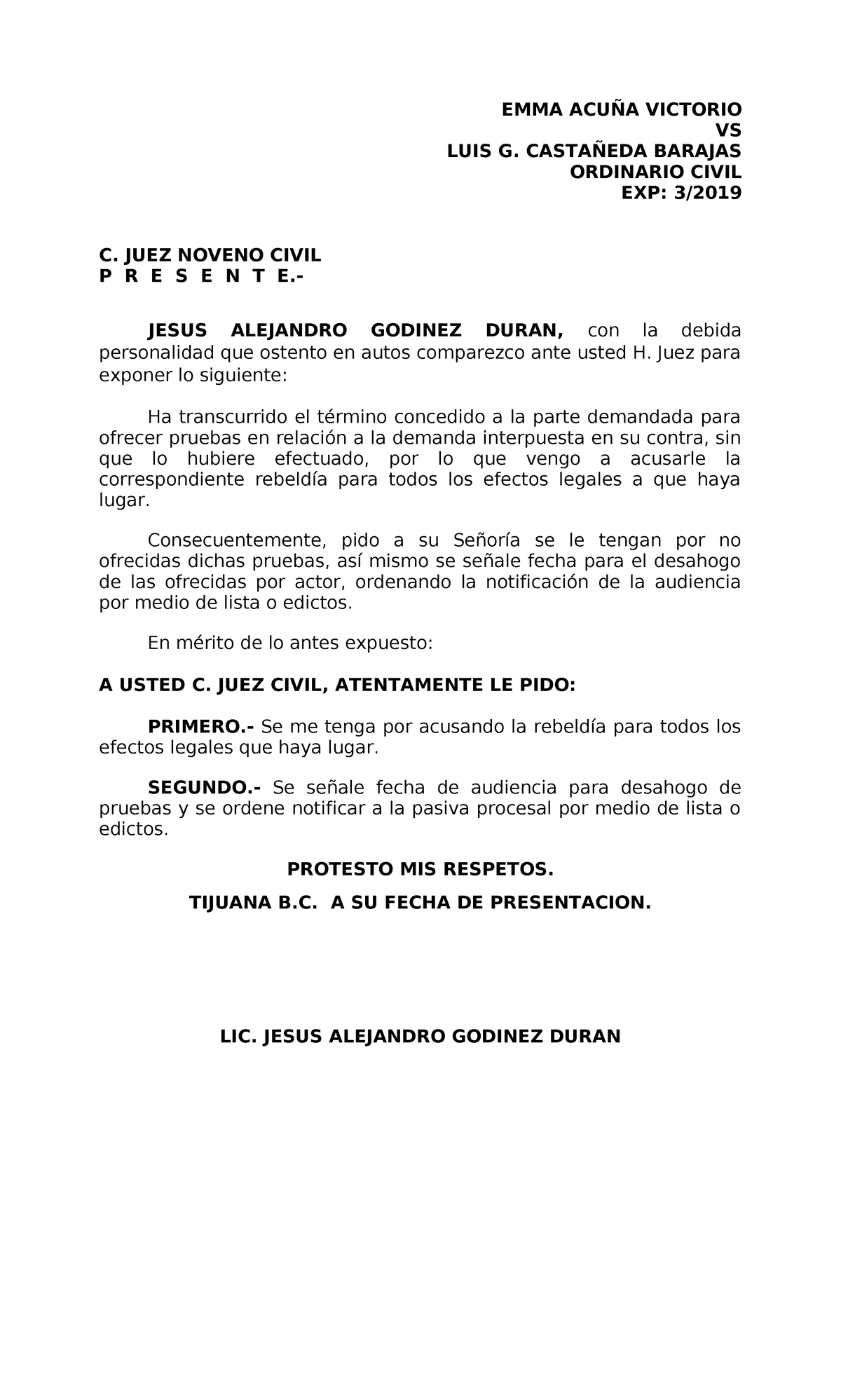 EMMA Acuña Victorio Acuse Rebeldia Pruebas - EMMA ACUÑA VICTORIO VS ...