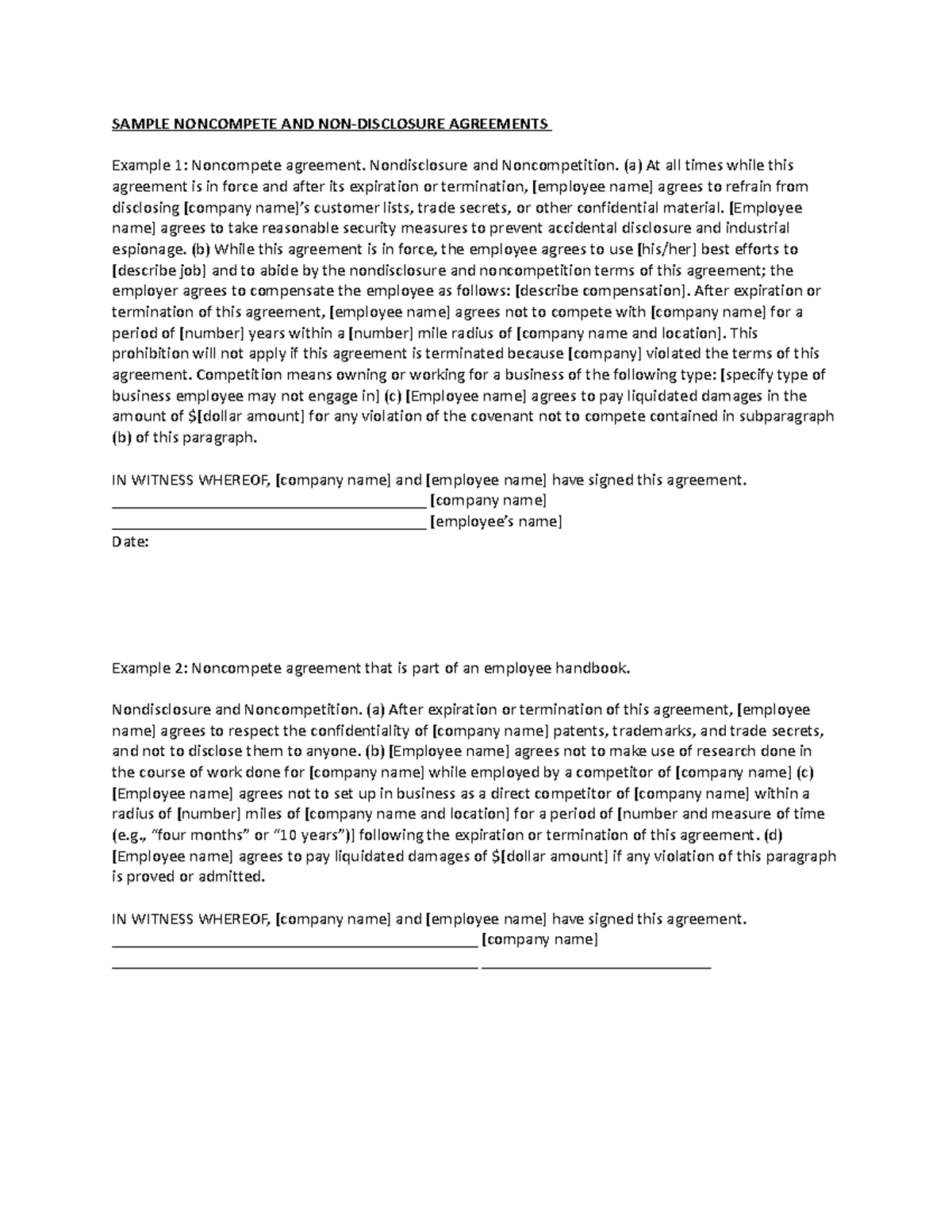Non-Compete Clauses-Examples - SAMPLE NONCOMPETE AND NON-DISCLOSURE ...