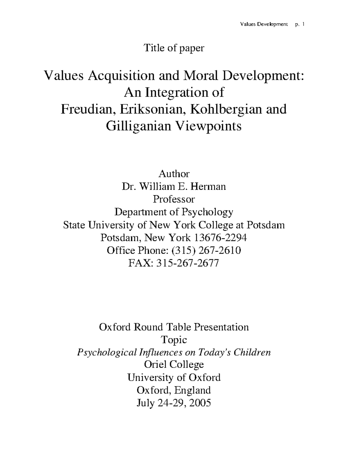 Values Acquisition and Moral Development - Values Development p. 1 ...