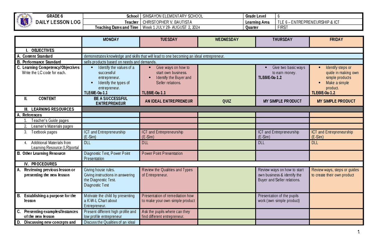 DLL TLE-ICT WEEK 1 - DLP FOR ICT - GRADE 6 DAILY LESSON LOG School SINSAYON ELEMENTARY SCHOOL ...