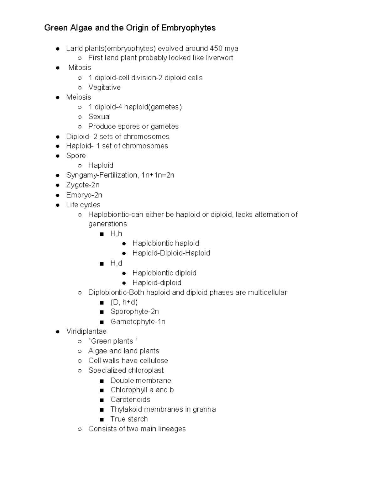 Botany Notes 5 - lecture topic 5 - Green Algae and the Origin of ...