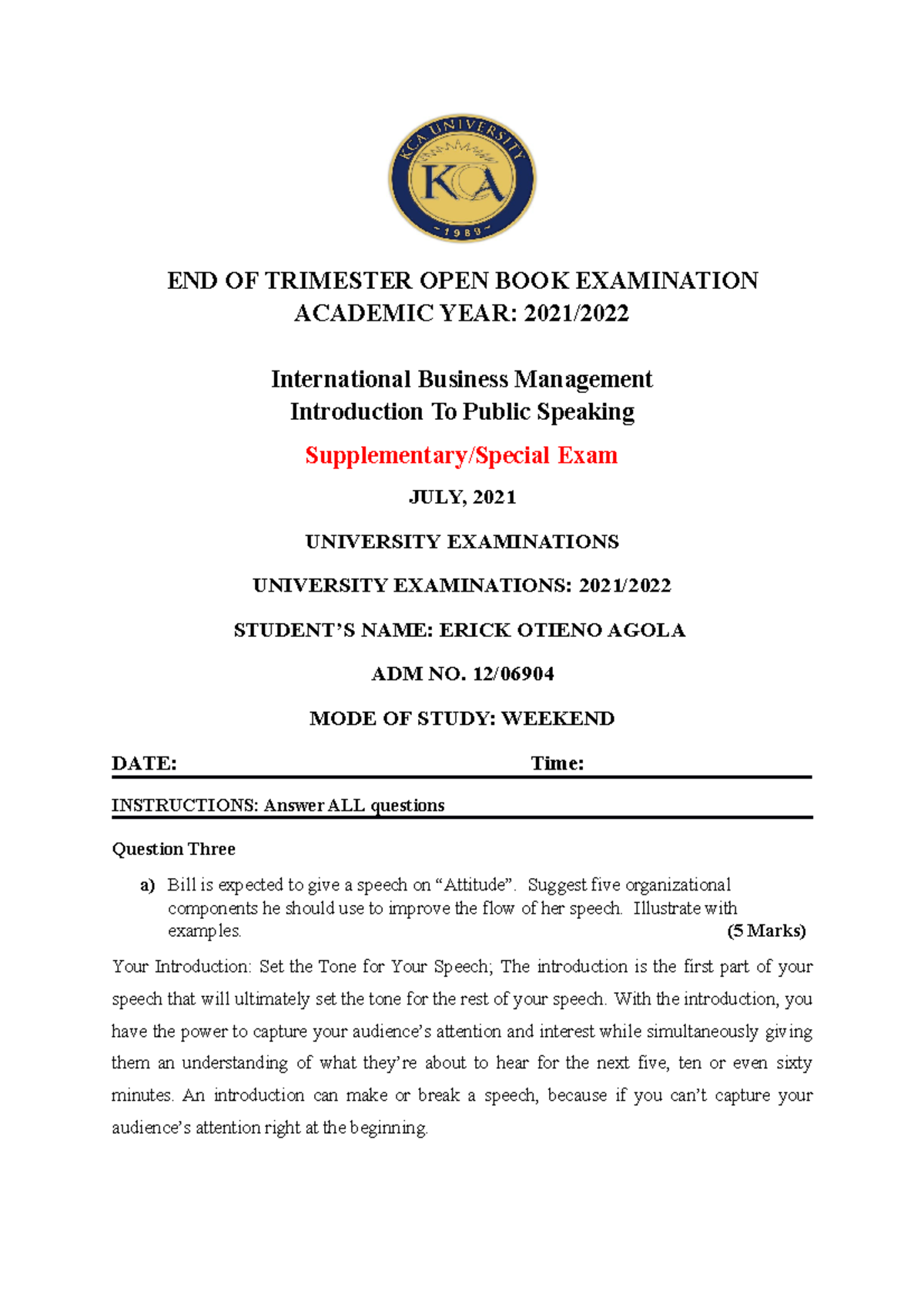 Supplementary EXAM - Public Speaking - END OF TRIMESTER OPEN BOOK ...