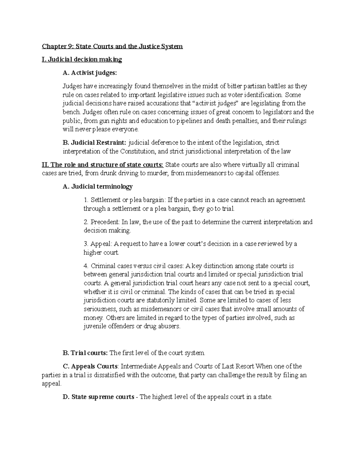 CH 9 - N/A - Chapter 9: State Courts and the Justice System I. Judicial ...