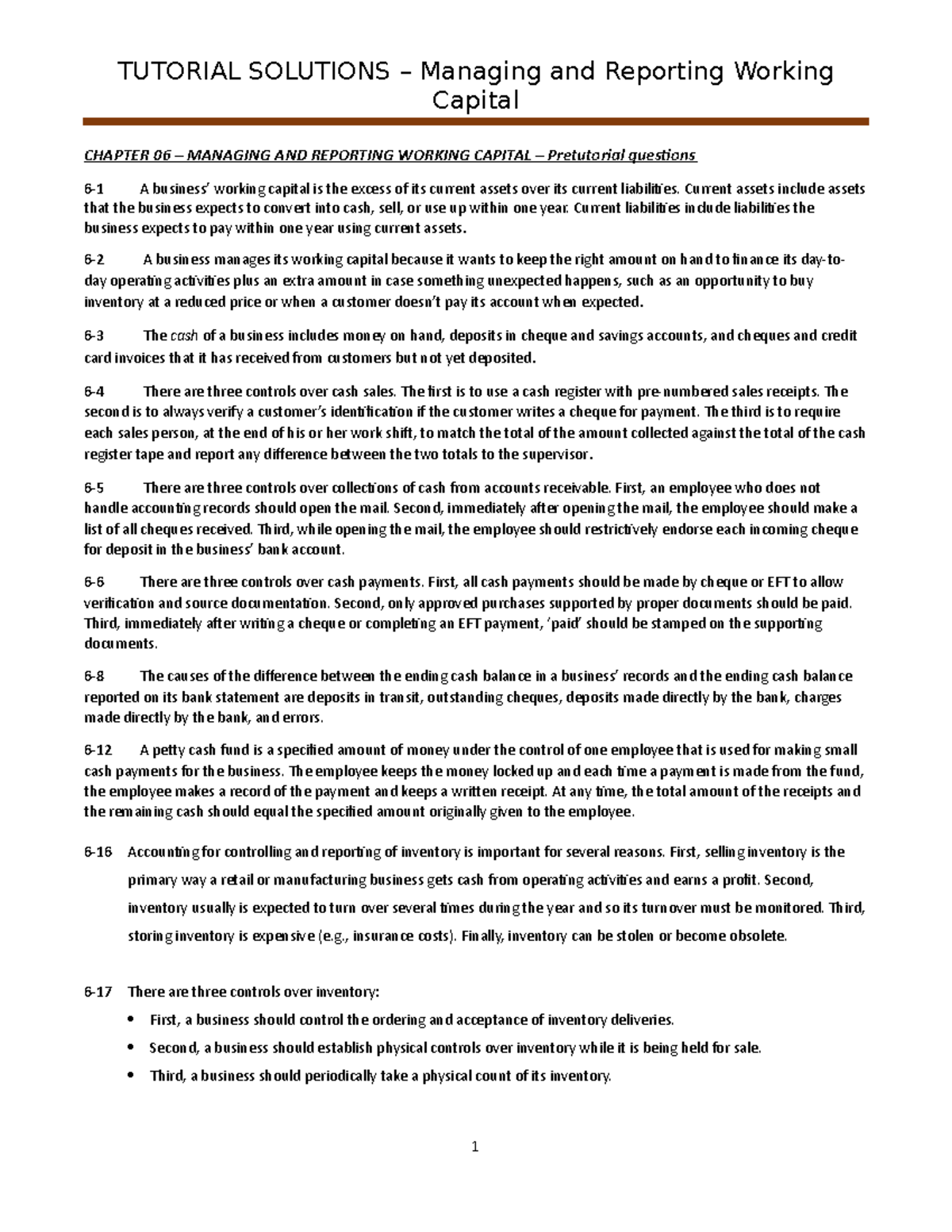 Tutorial solutions - Working capital - TUTORIAL SOLUTIONS – Managing ...