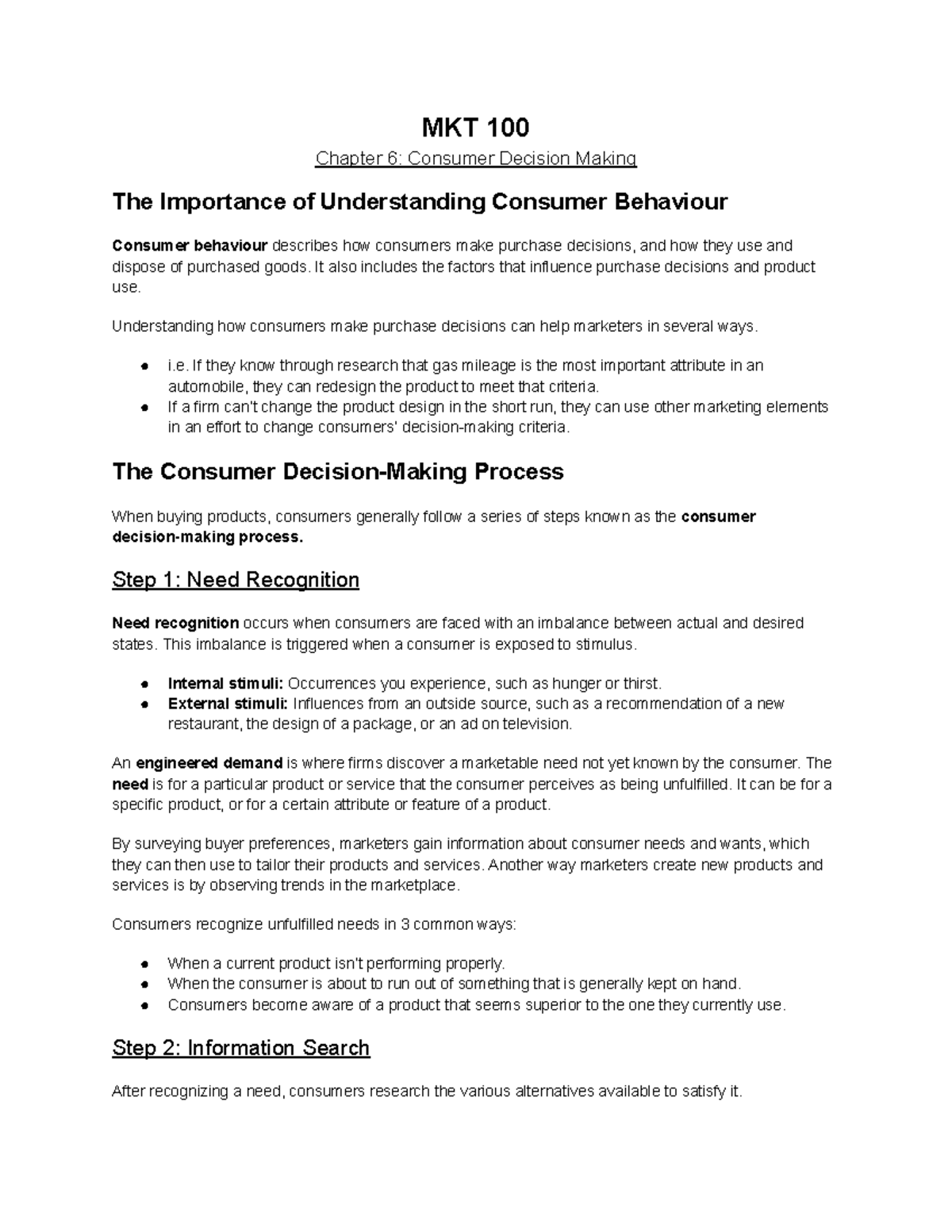 MKT 100 Ch 6 - Consumer Decision Making - MKT 100 Chapter 6: Consumer Decision Making The ...
