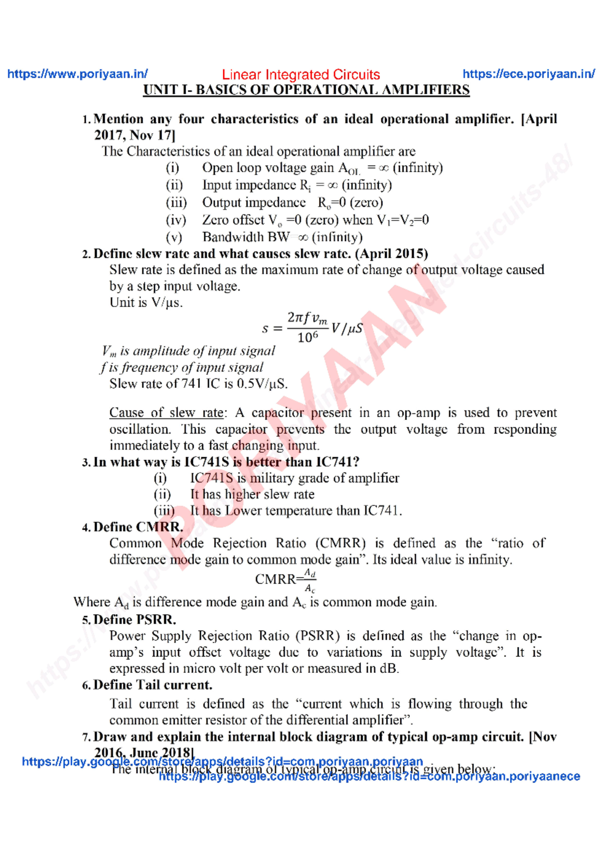 EC3451 2 marks - Lic - Linear Integrated Circuits UNIT BASICS OF OPERATIONAL AMPLIFIERS 1 ...