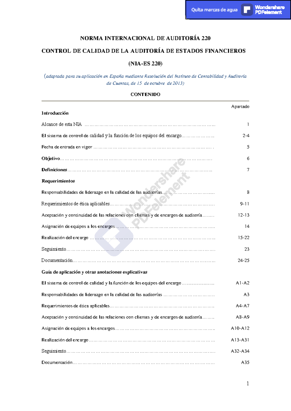 NIA 220 Control DE Calidad PARA LA Auditoria DE EEFF 17 pags - NORMA INTERNACIONAL DE AUDITORÍA ...