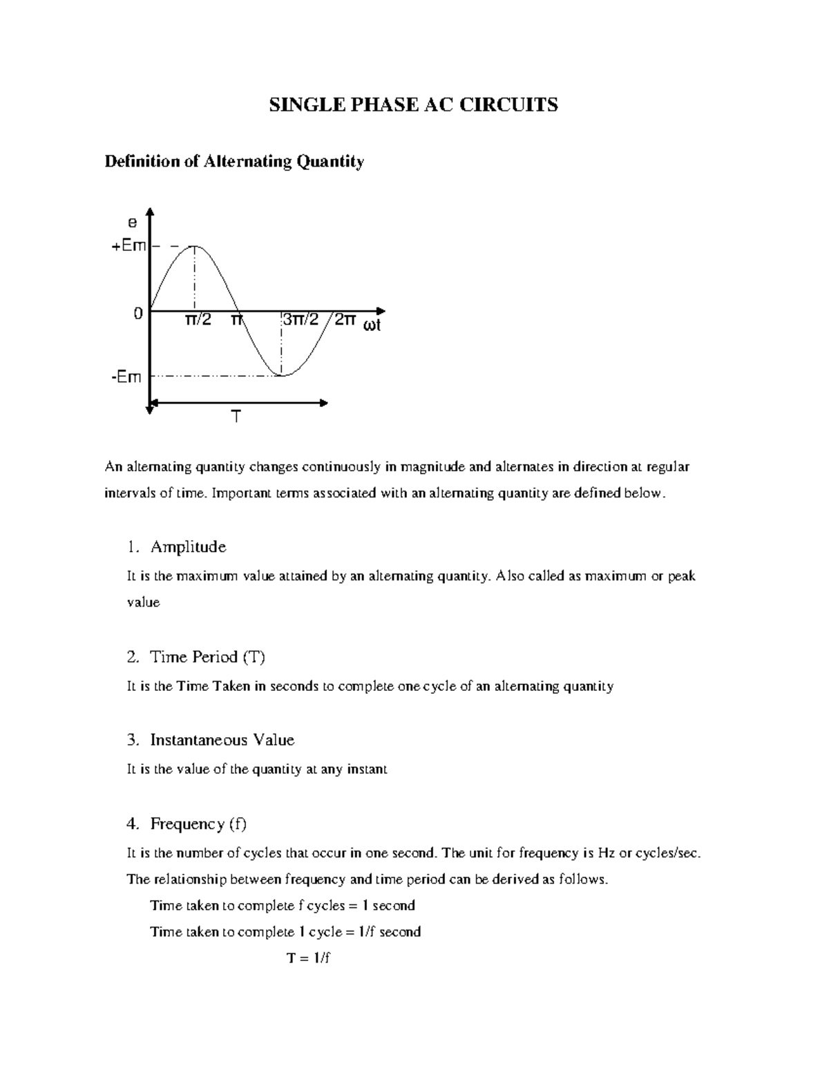 Single Phase AC Circuits Definition of A - SINGLE PHASE AC CIRCUITS ...