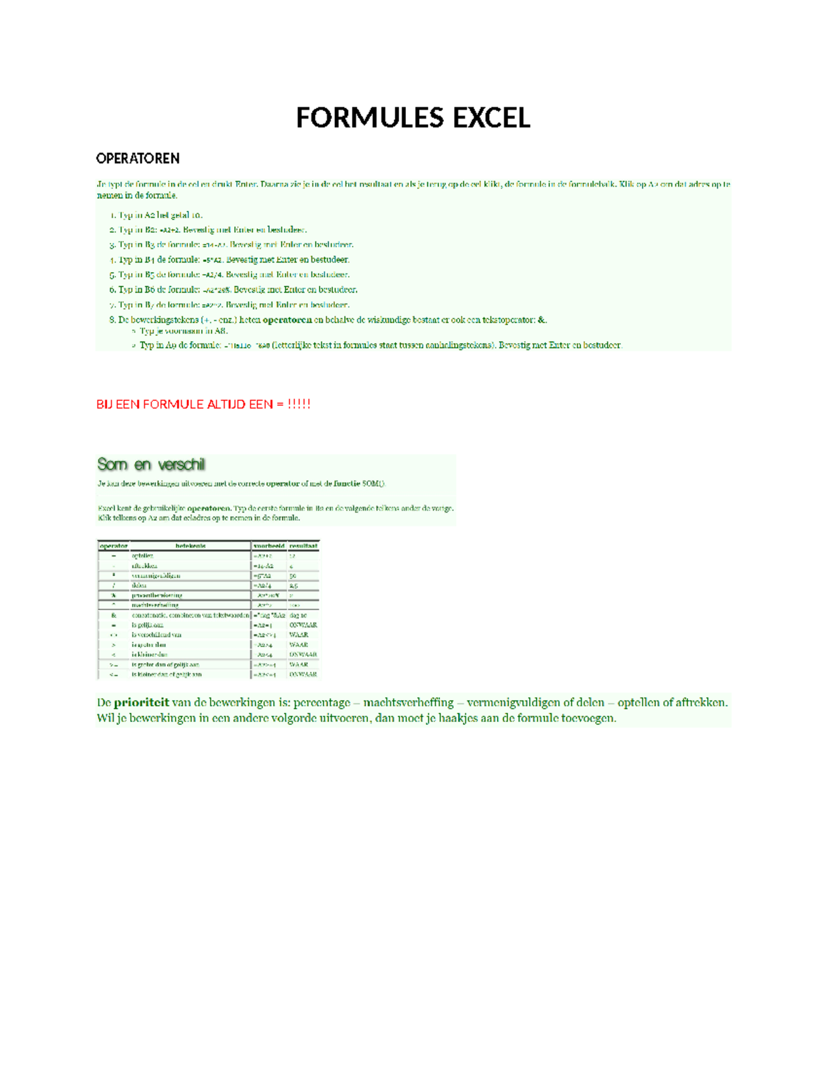 Formules Excel overzicht - goederenrecht - FORMULES EXCEL OPERATOREN ...