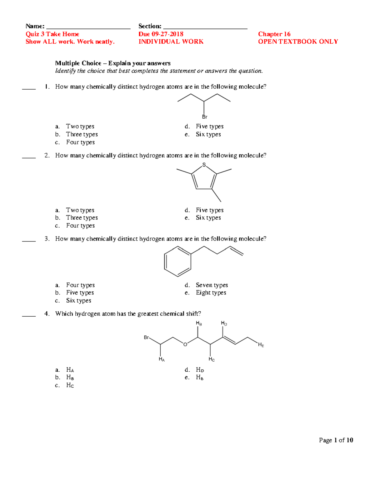 Quiz 3 Chapter 16 Org II - Organic Chemistry II Quiz - Name ...