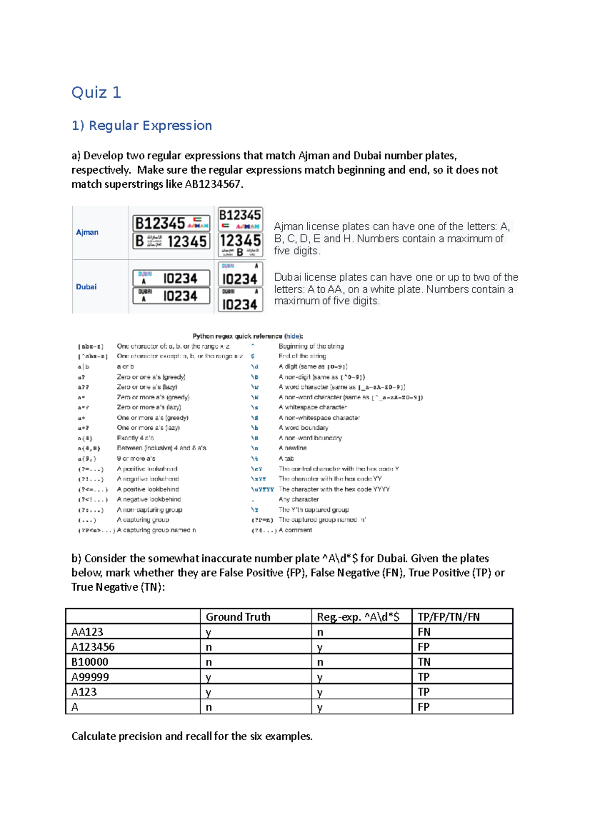 Quiz 1 - Quiz Regular Expressions, Naive Bayesian, N-grams - Quiz 1 1) Regular Expression a ...