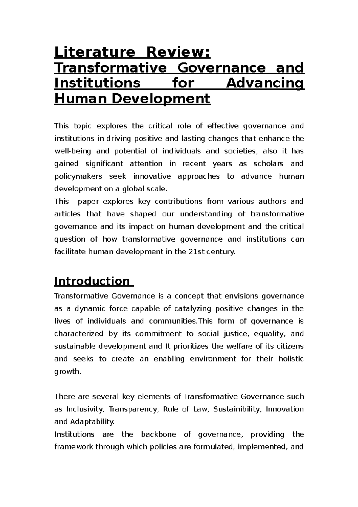 Literature Review on Transformative Governance and - Literature Review ...