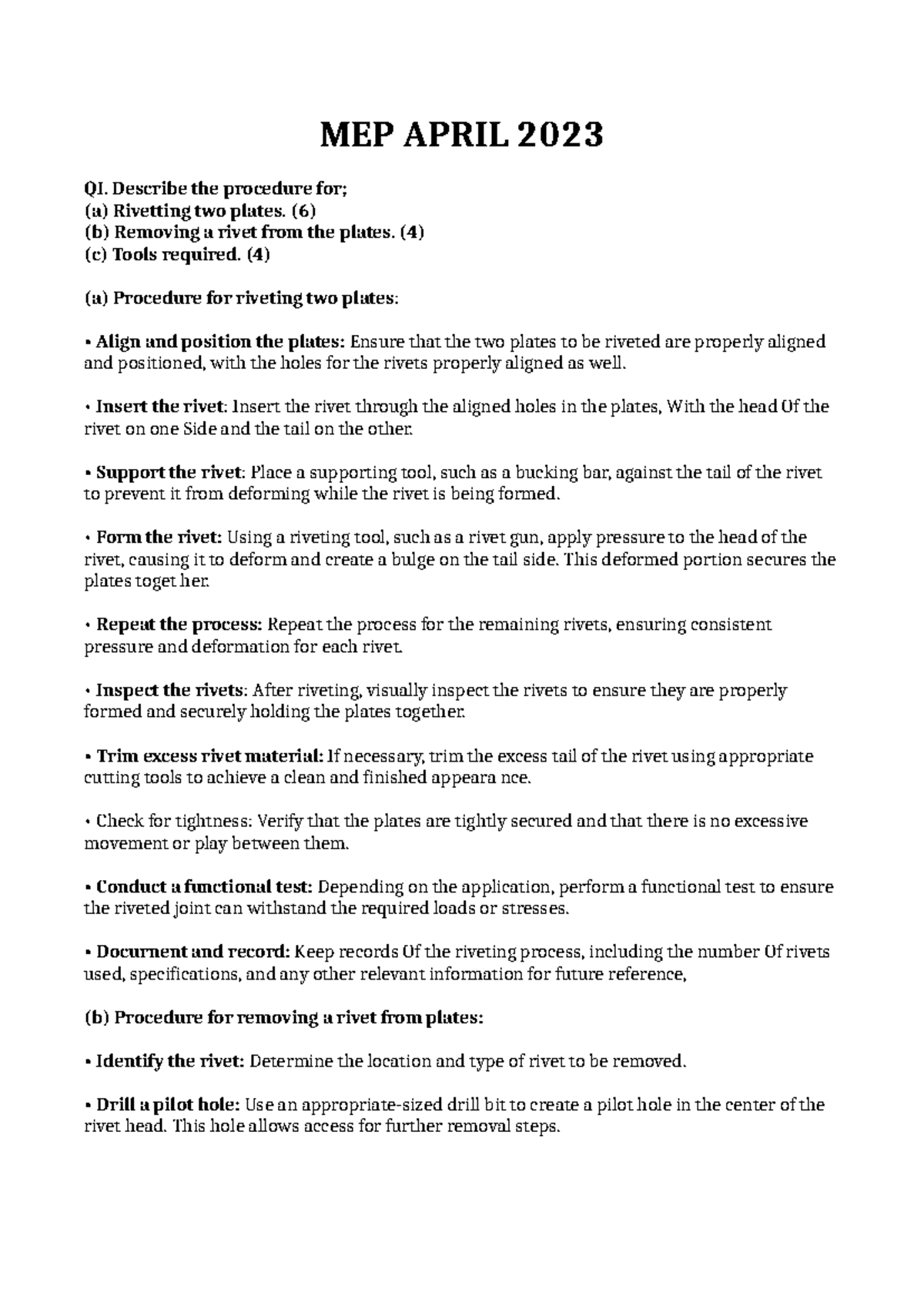 8 MEP April 2023 - MEP APRIL 2023 QI. Describe the procedure for; (a ...