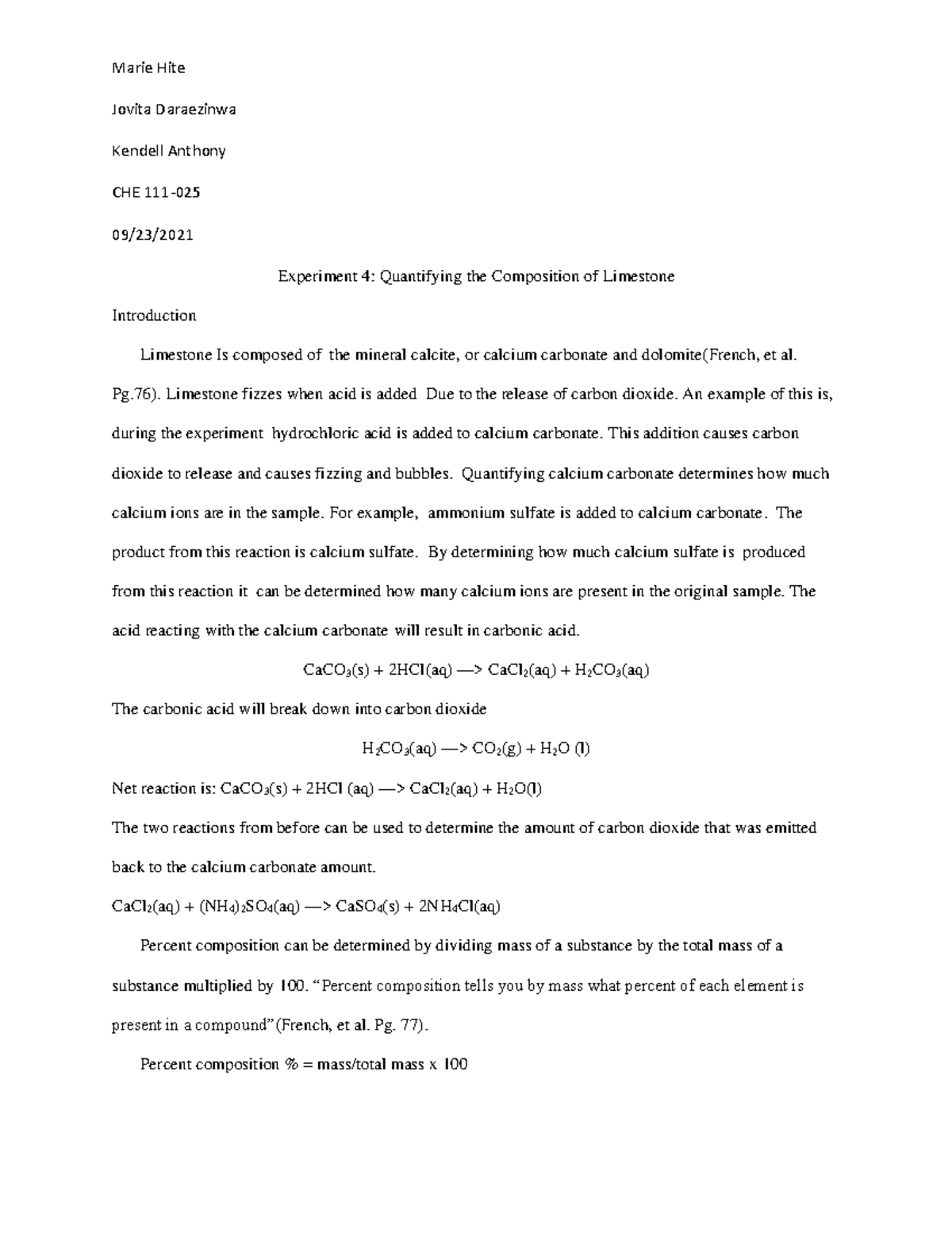Experiment 4: quantifying the composition of limestone - Marie Hite ...