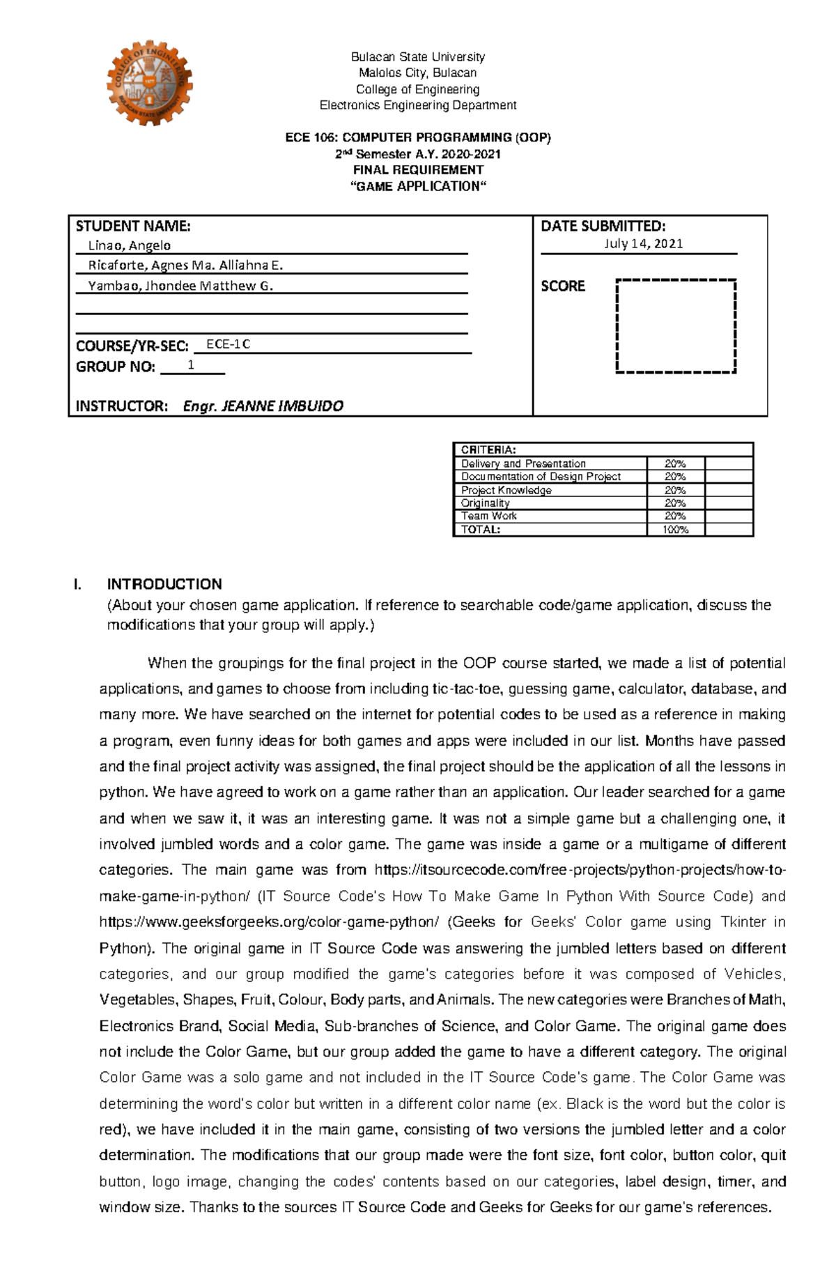 Final Project - Group 1 (Jumbled Chroma) - Bulacan State University Malolos City, Bulacan ...