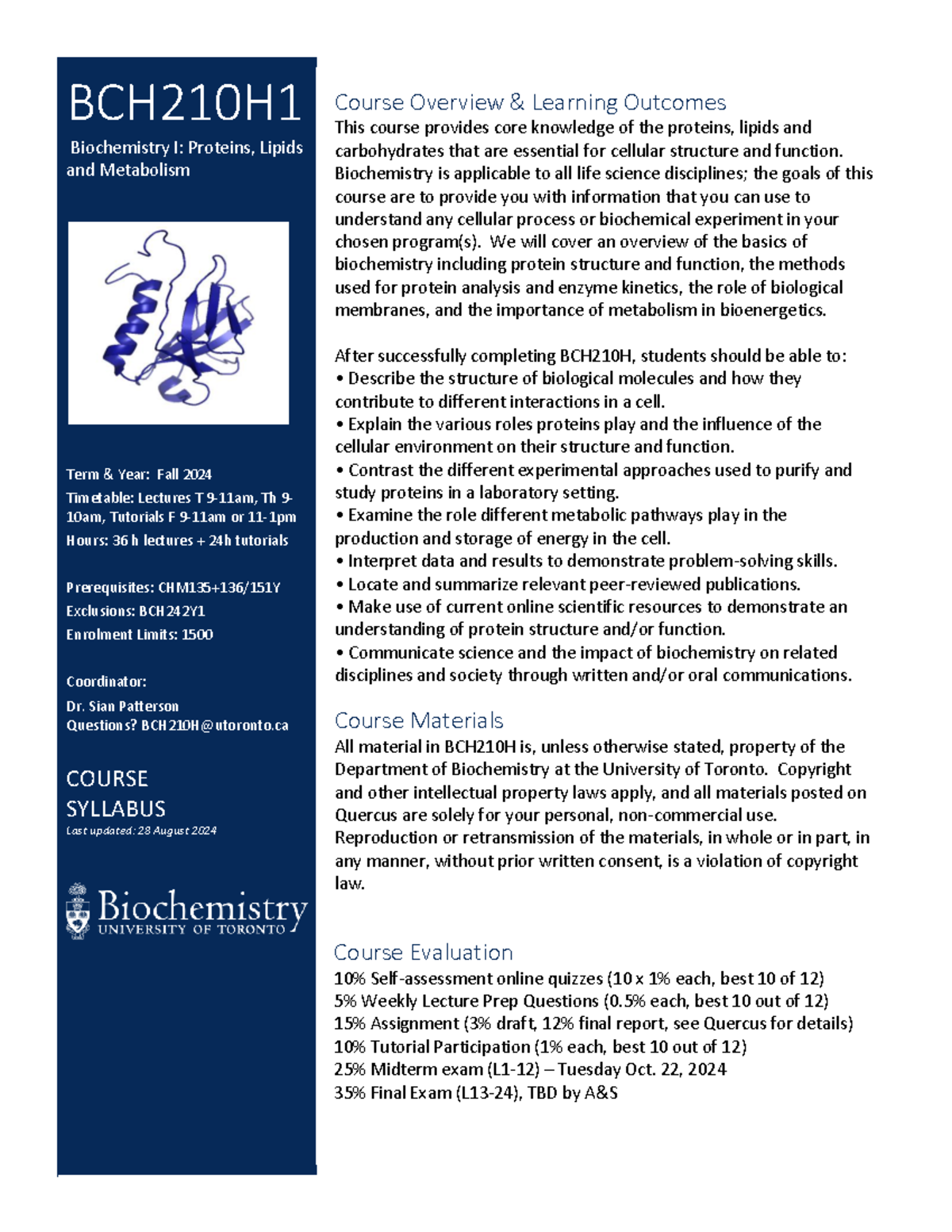 BCH210H1.Fall - Biochemistry Level I syllabus - BCH210H Biochemistry I ...