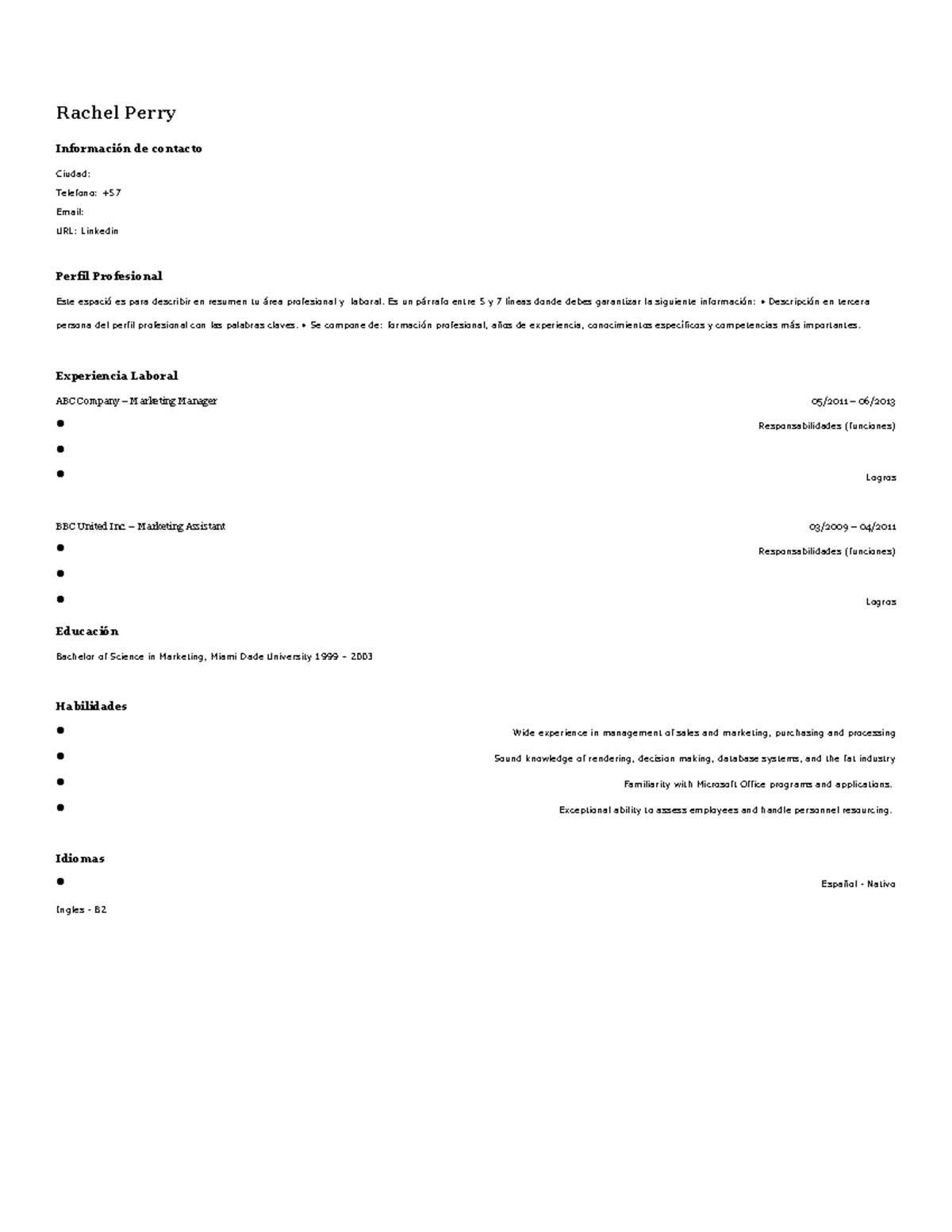 Formato hoja de vida ATS - Rachel Perry Información de contacto Ciudad ...