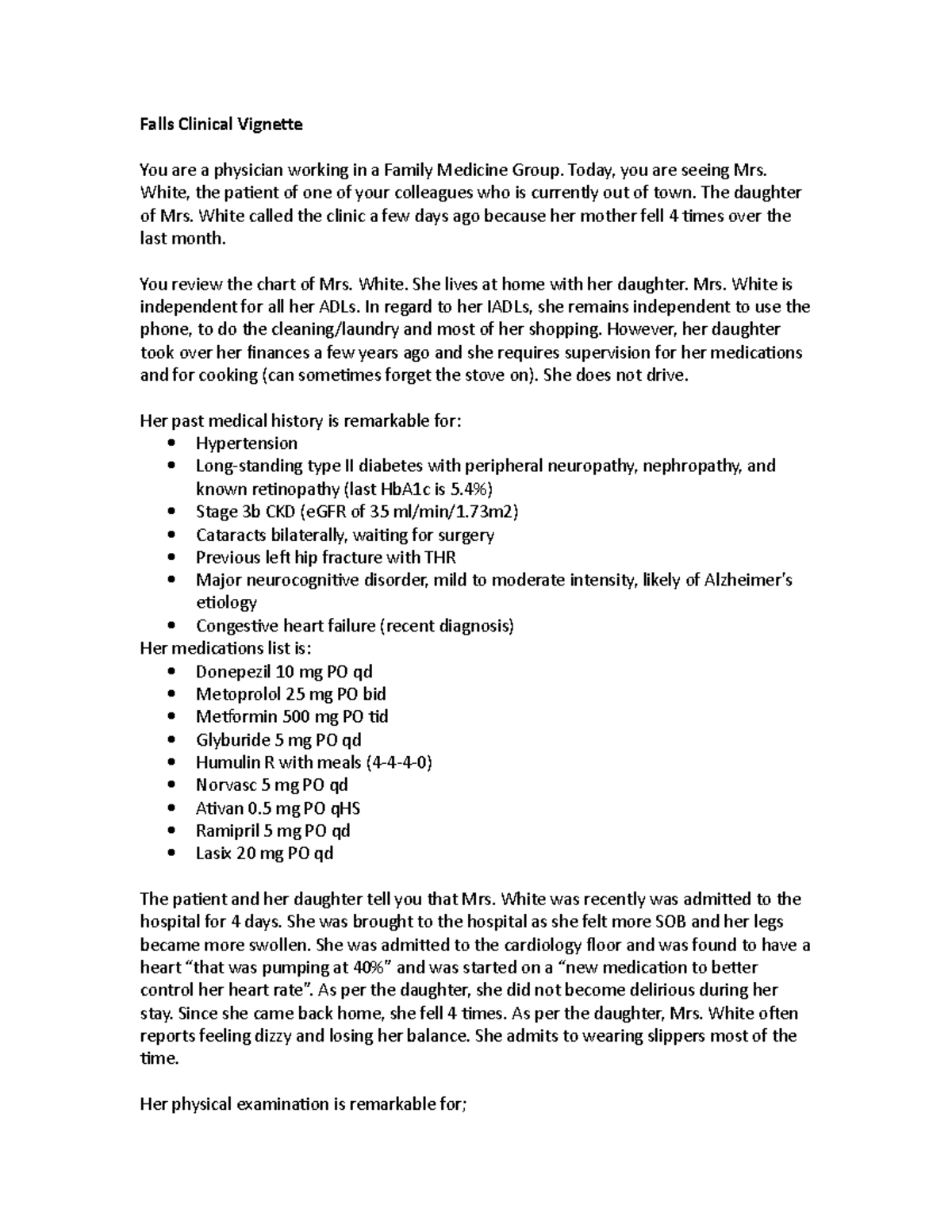 IMED407 Clinical Vignette Falls - Falls Clinical Vignette You are a ...