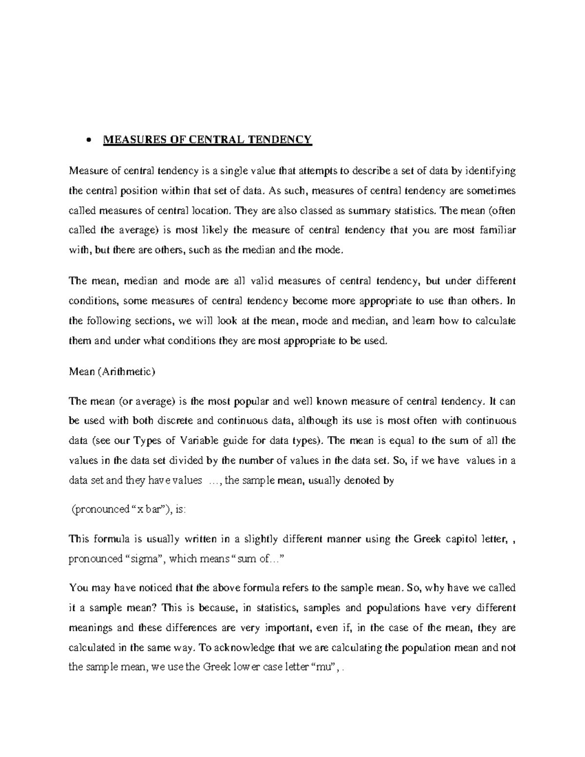 Module 5 MODULE LECTURE NOTES - • MEASURES OF CENTRAL TENDENCY Measure ...