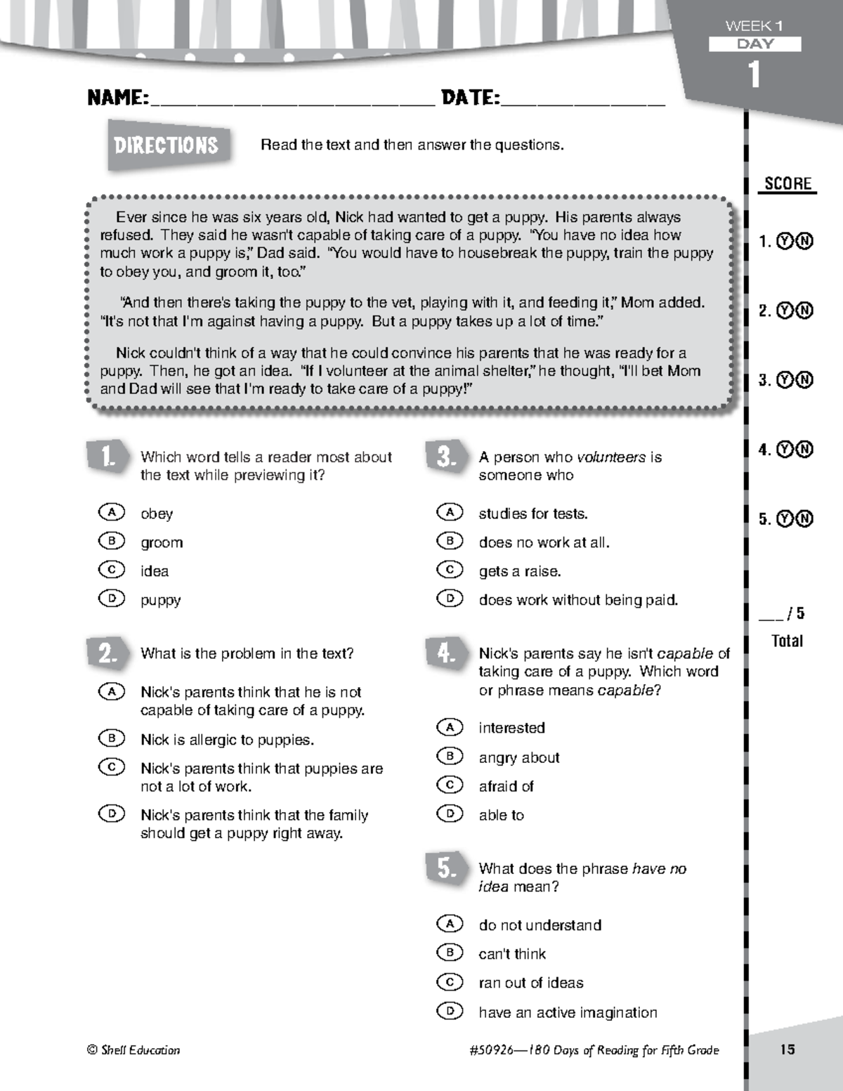 Reading comp - Directions © Shell Education #50926—180 Days of Reading ...