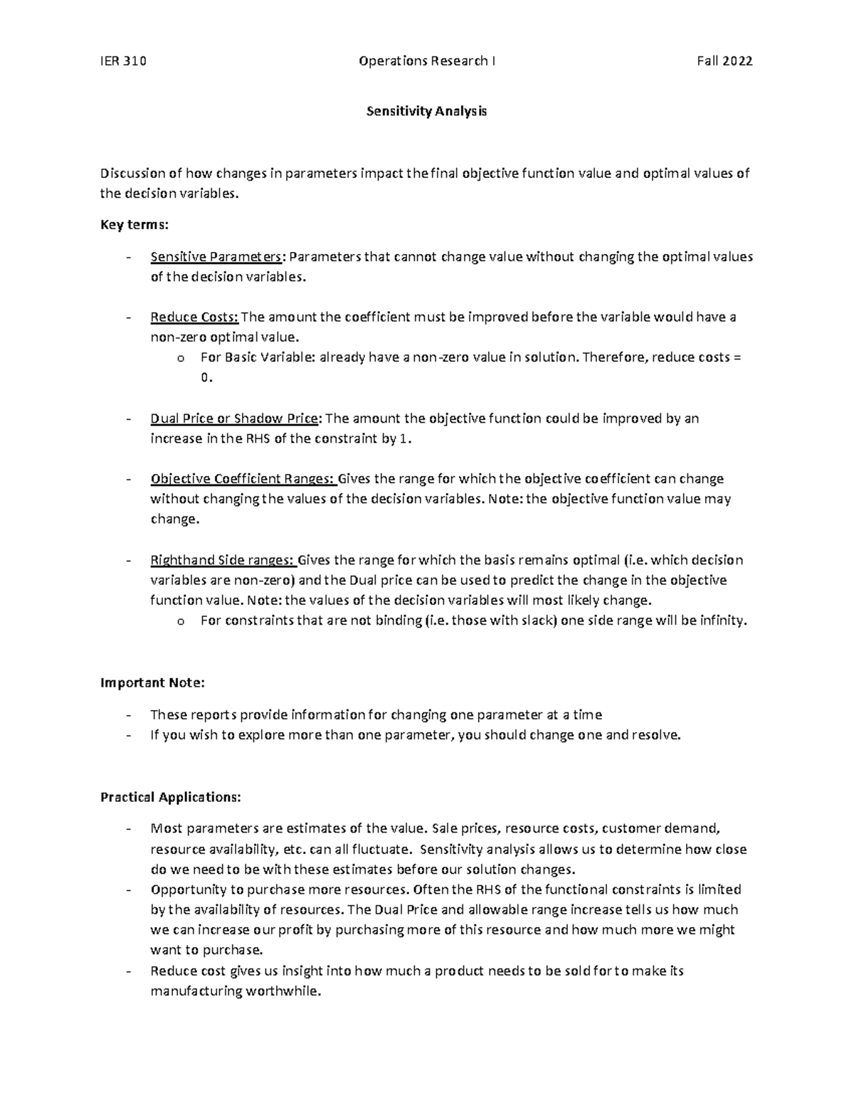 Sensitivity Analysis - IER 310 Operations Research I Fall 2022 ...