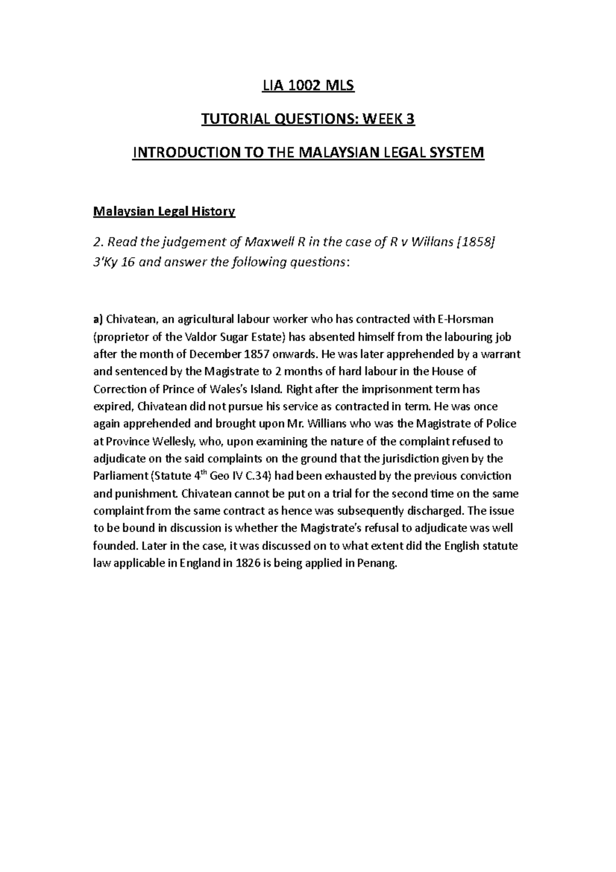 Tutorial Answers Week 3 - Malaysian Legal System - Studocu