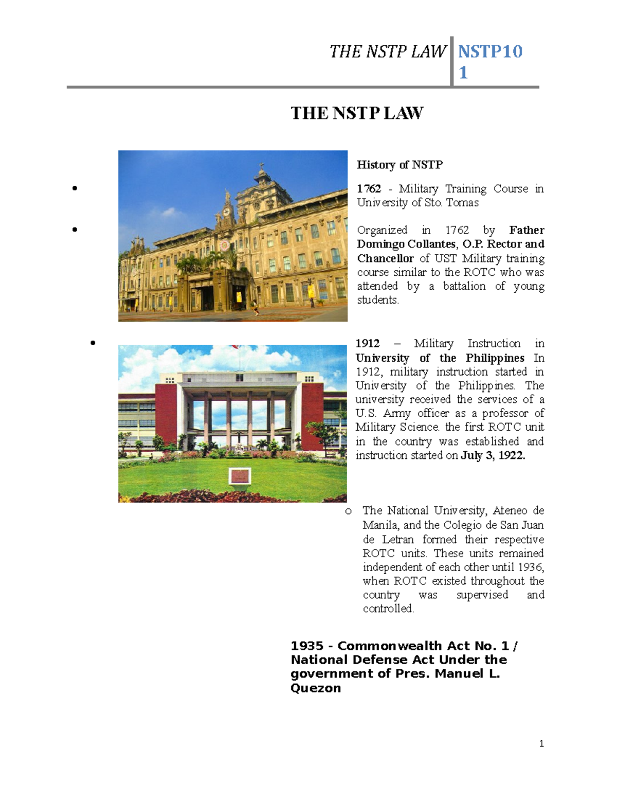 Lesson #1 The NSTP Law - Lecture notes 1 - 1 THE NSTP LAW History of ...