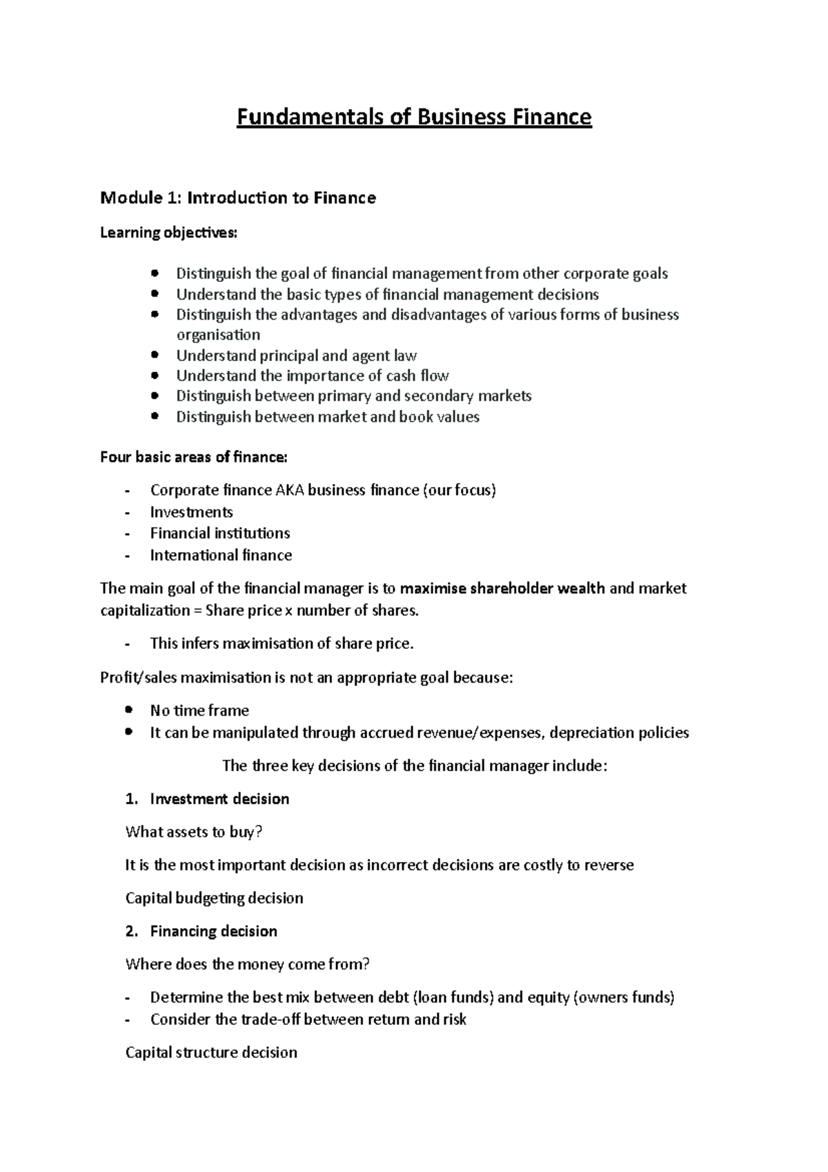 Fundamentals of Business Finance Notes - Fundamentals of Business ...