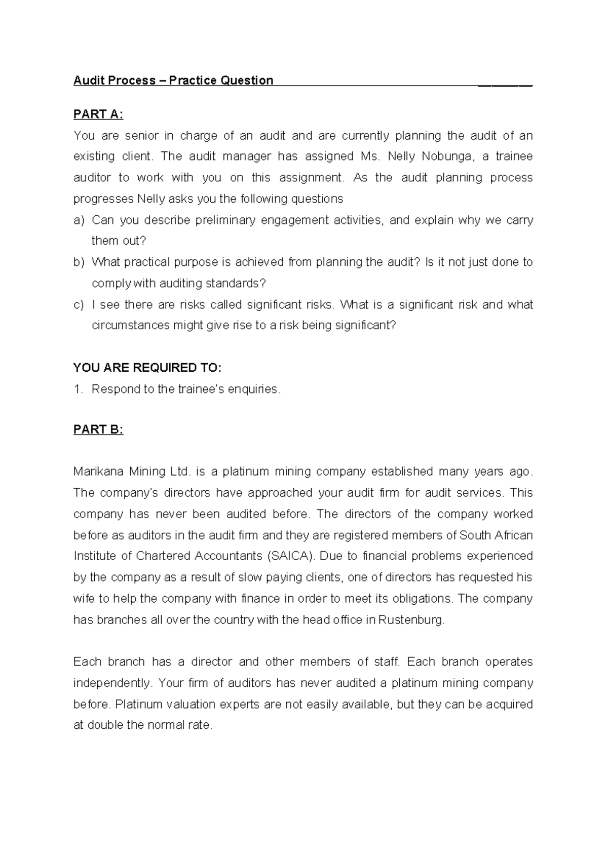 Audit Process Practice Question - Audit Process – Practice Question ...