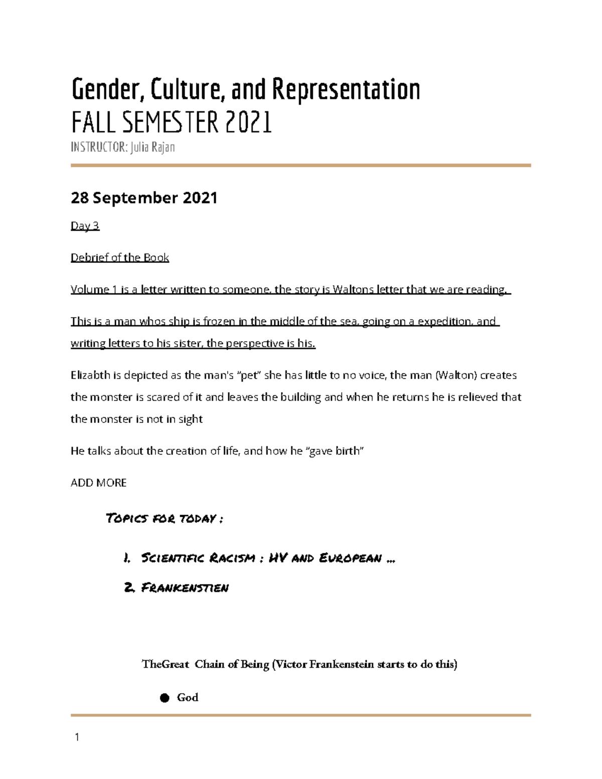 Class notes - Gender, Culture, and Representation FALL SEMESTER 2021 ...