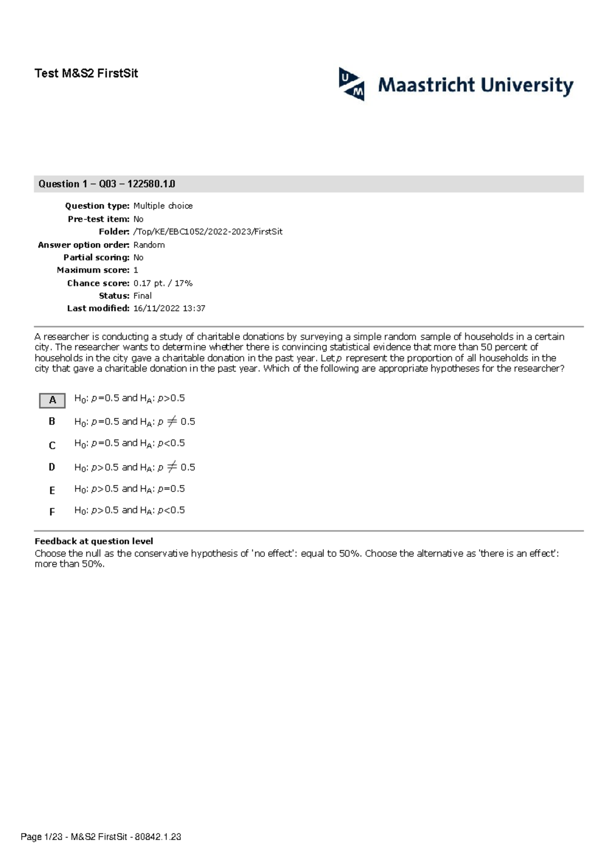 Past exam m&s2 ebc1052 - Test M&S2 FirstSit Question 1 − Q03 − 122580 ...