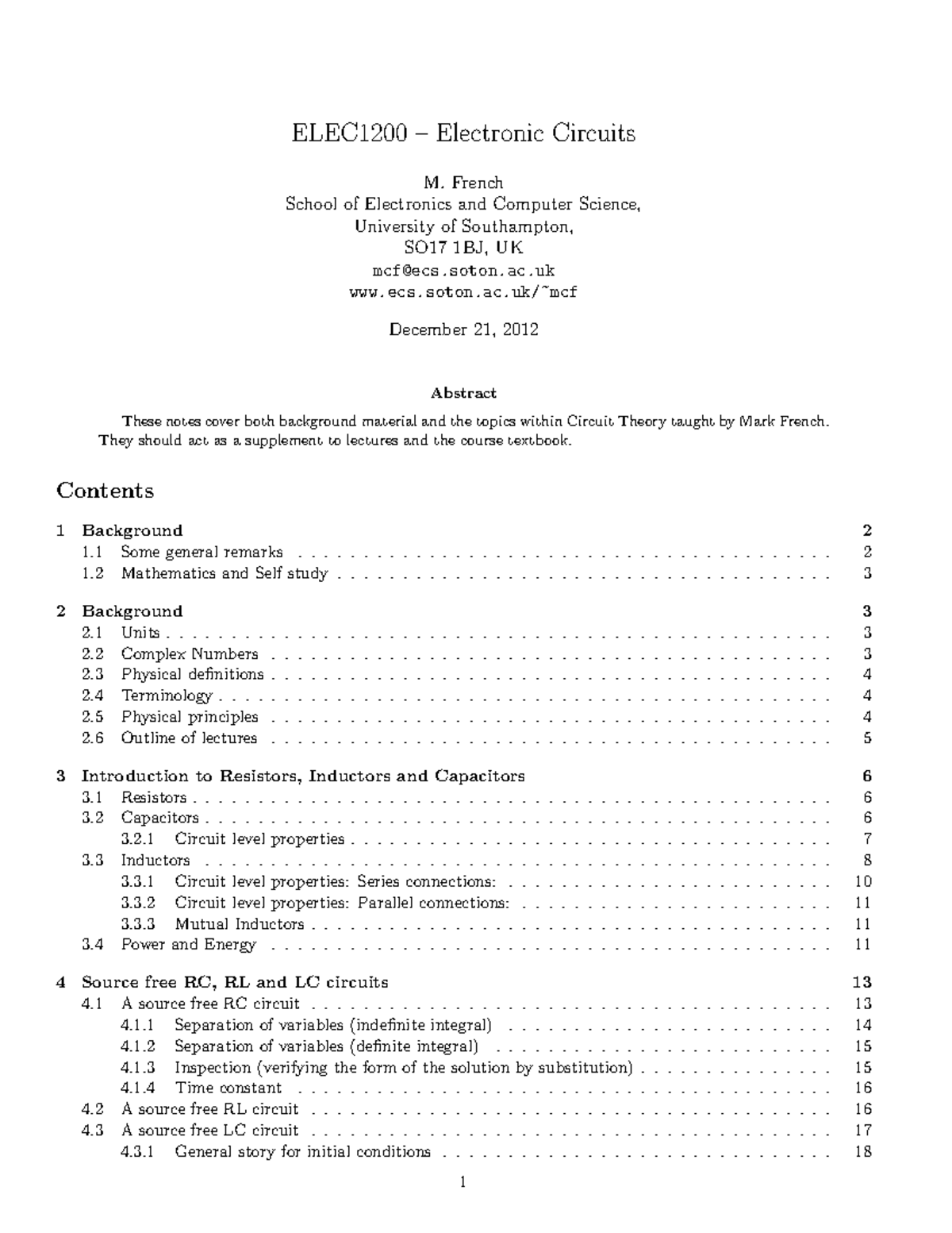 Summary Notes - ELEC1200 – Electronic Circuits M. French School of ...