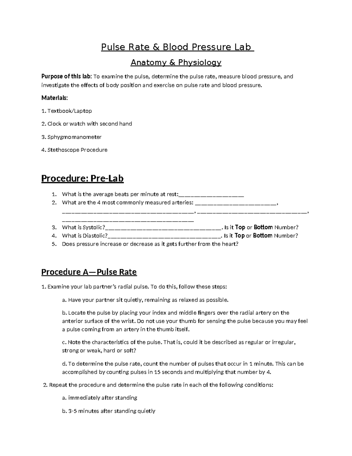Blood Pressureand Pulse Lab Anatomyand Physiology Cardiovascular System ...