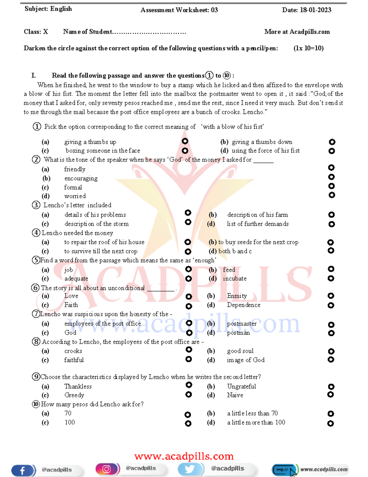English Assessment Worksheet 3 - Subject: English Assessment Worksheet ...