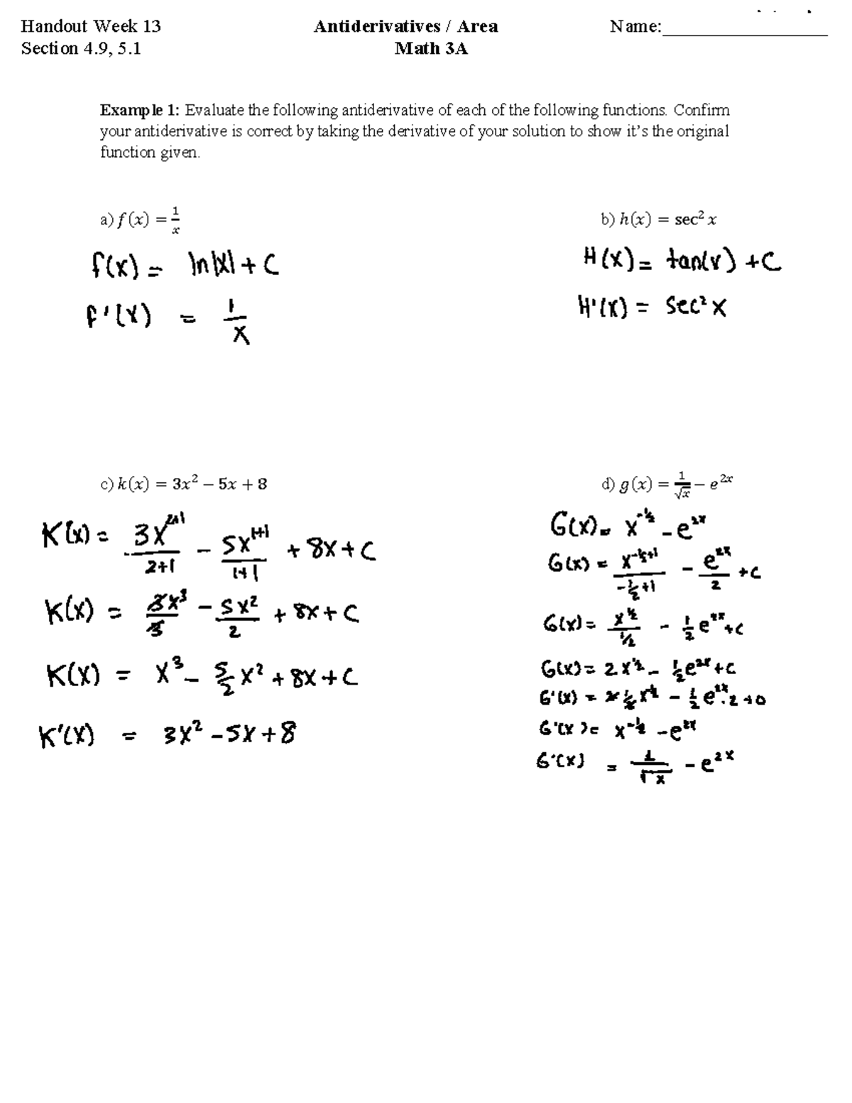4.9-5.1 Practice Problems - Handout Week 13 Antiderivatives / Area Name