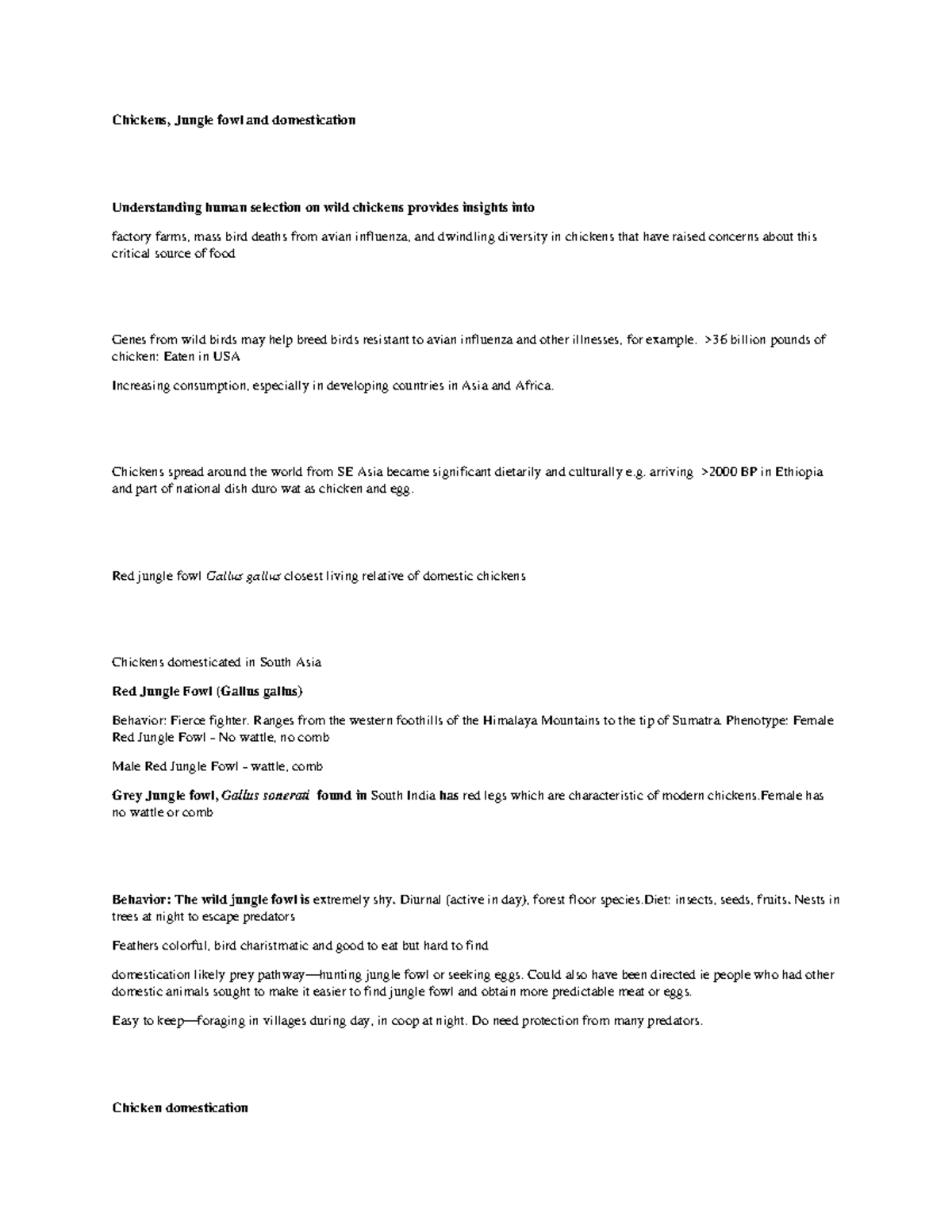 Notes 2 - Chickens, Jungle fowl and domestication Understanding human ...