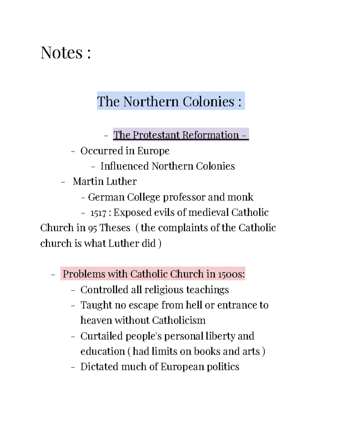 History Notes 9 13 21 - Notes : The Northern Colonies : The Protestant ...