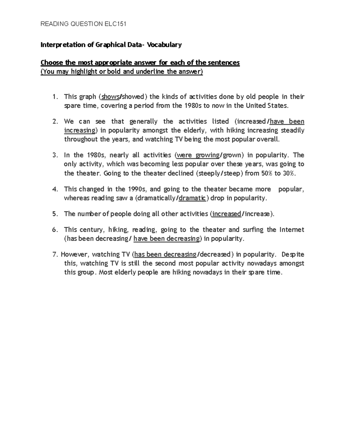 Reading Exercise - READING QUESTION ELC Interpretation of Graphical ...