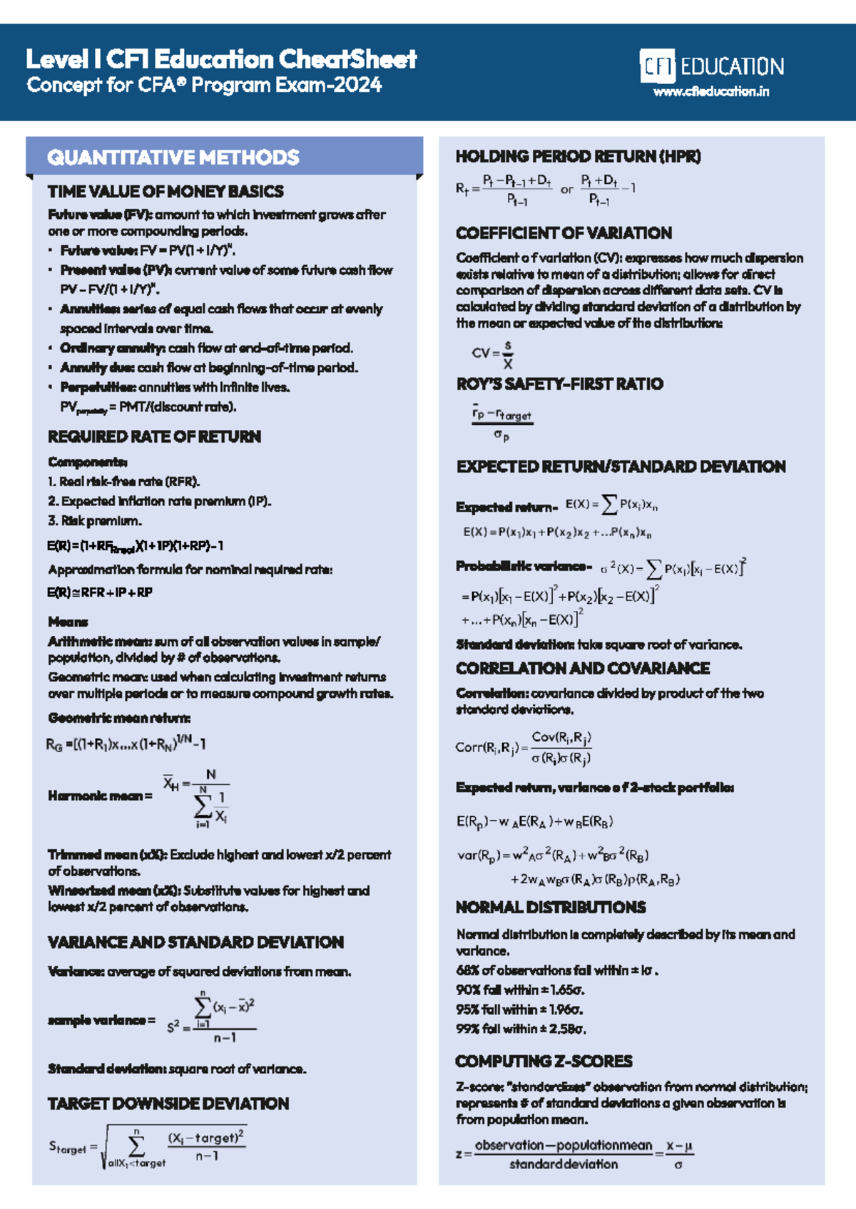 CFI Education CFA Level 1 2024 Cheat Sheet 1715609982 - quản trị tài chính - Studocu