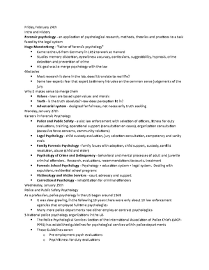 PS283 Final - Forensic Psychology intro detailed lecture notes from the ...