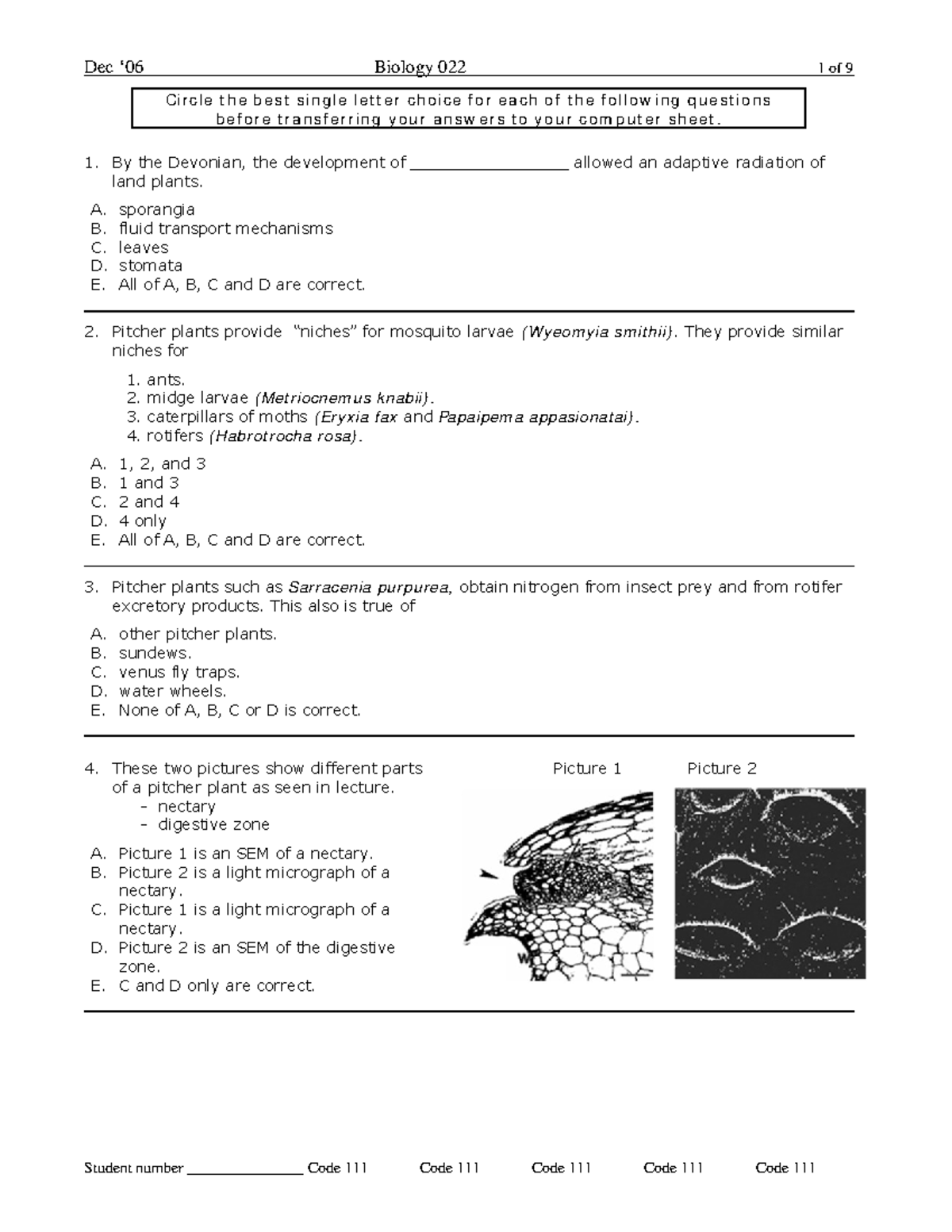 Final year, questions and answers - Dec ‘06 Biology 022 1 of 9 Circle ...