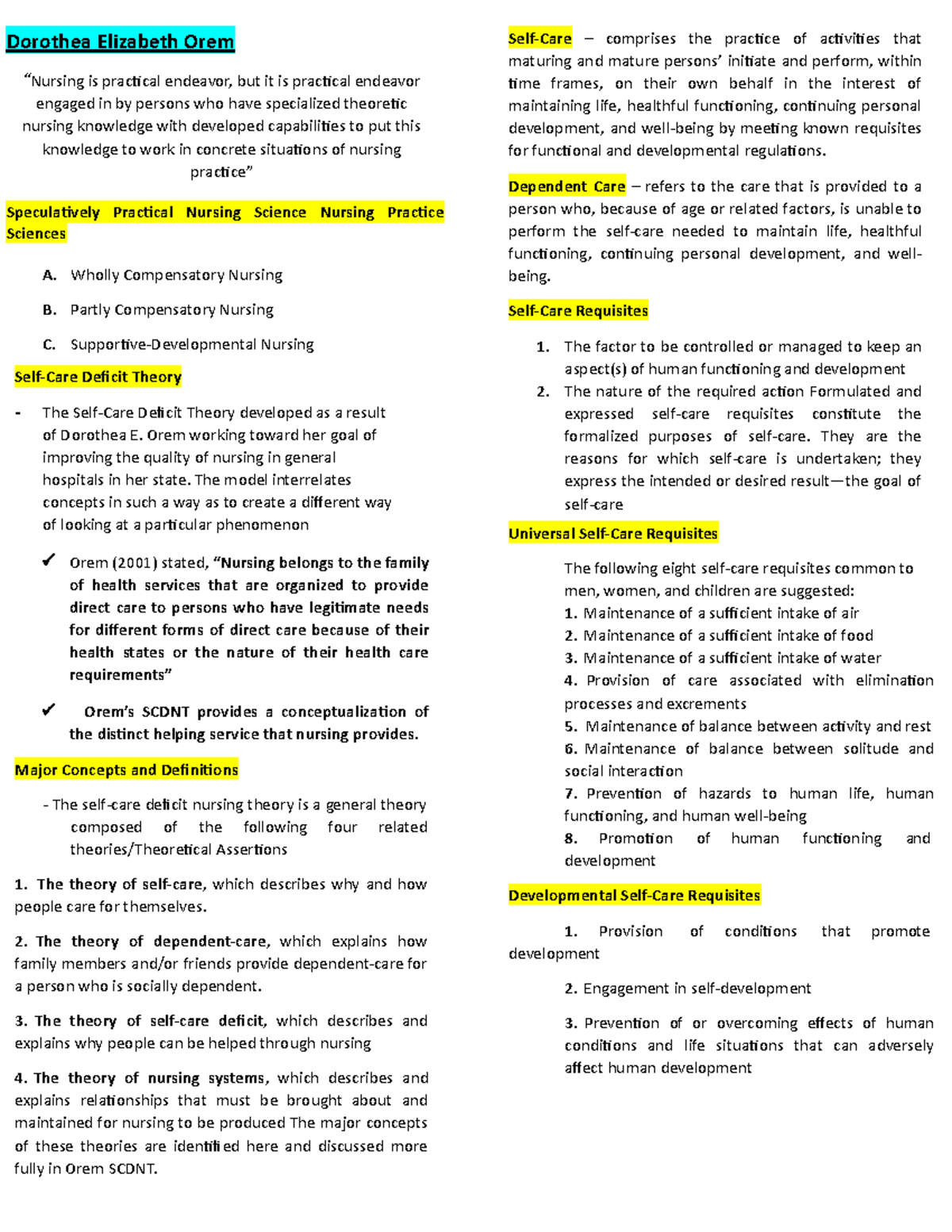 TFN midterm reviewer - Dorothea Elizabeth Orem “Nursing is practical endeavor, but it is ...