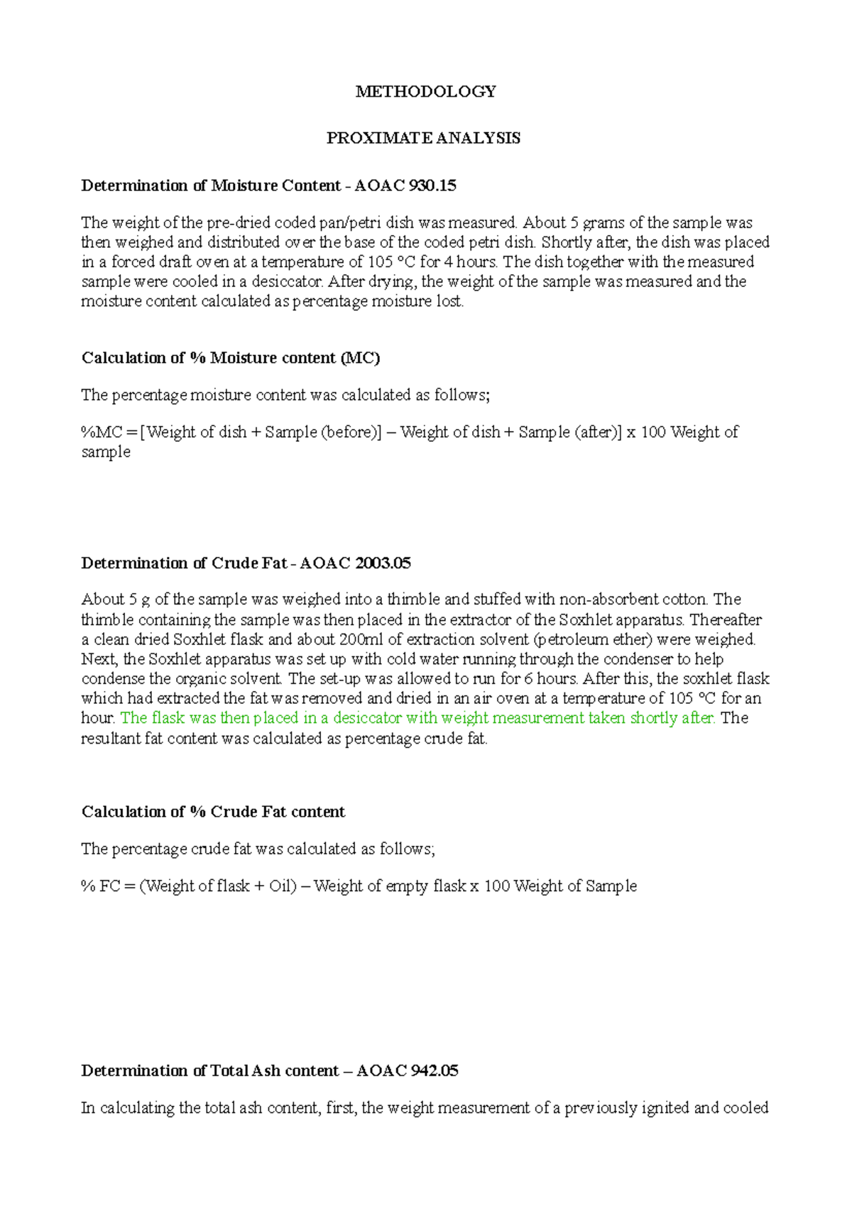 Methodology - Proximate analysis methods according to aacc ...