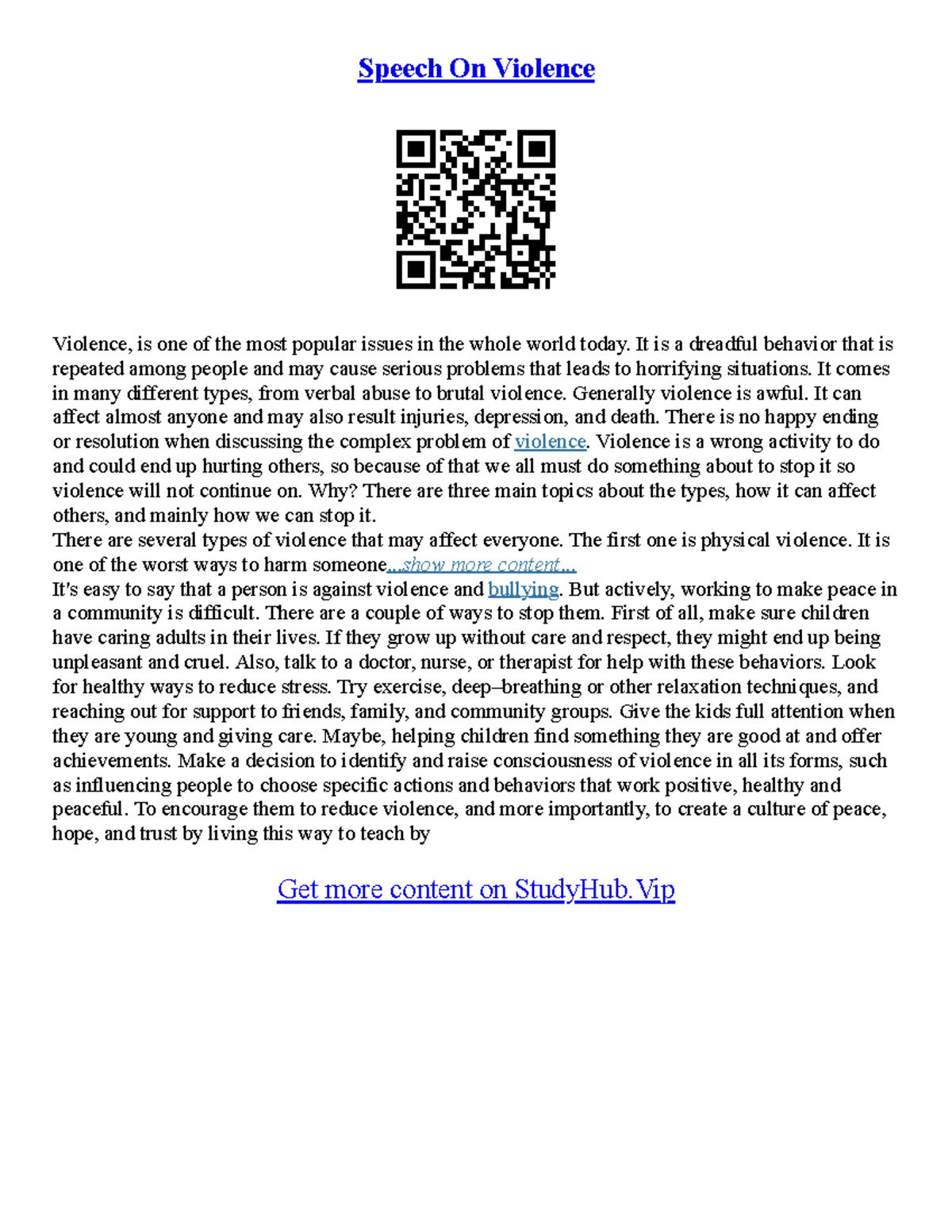 Violence Essay Ideas - Speech On Violence Violence, is one of the most ...
