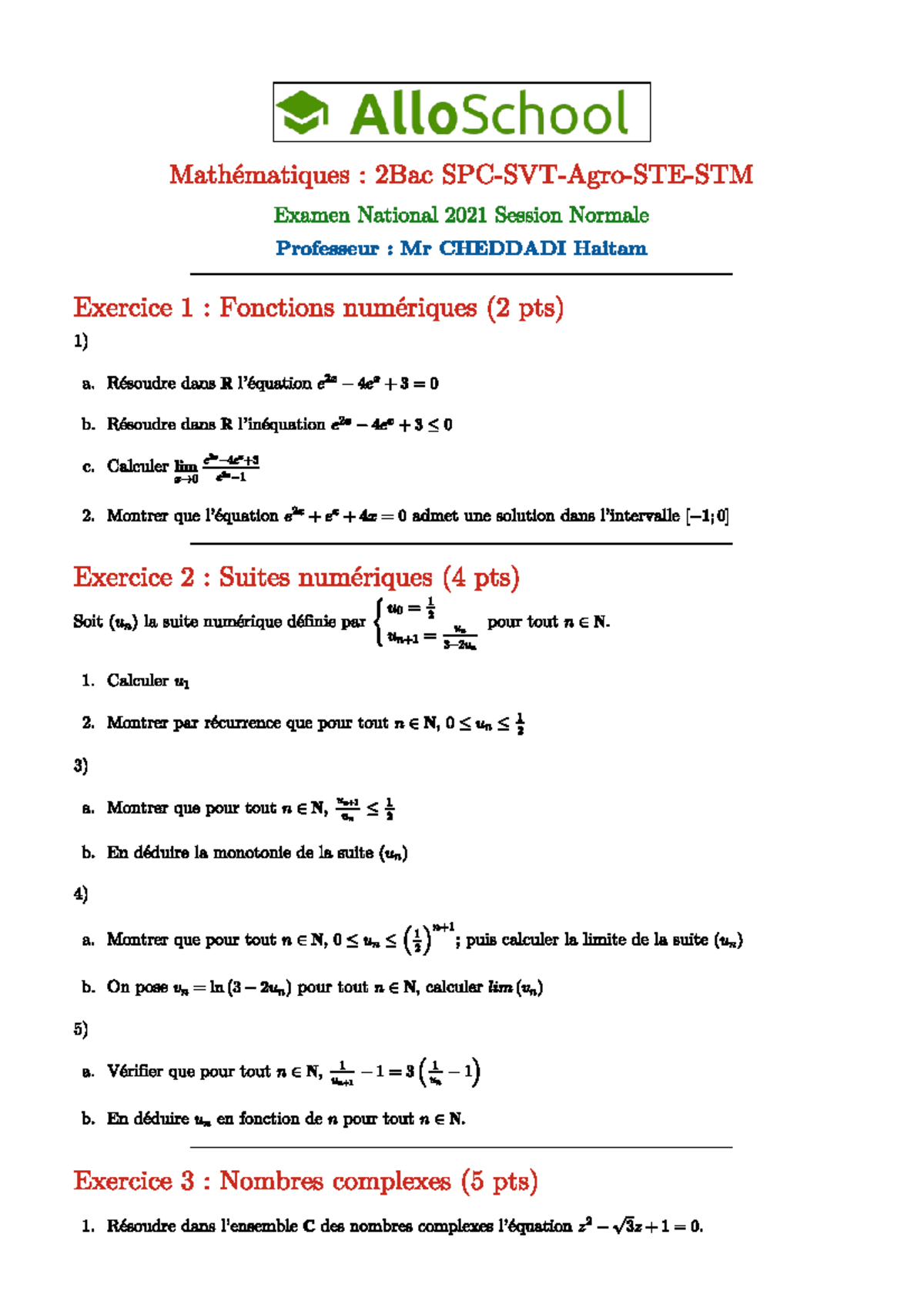 Math 2bac spc svt ste stm examen national 2021 session normale 2 - mathematique - Studocu