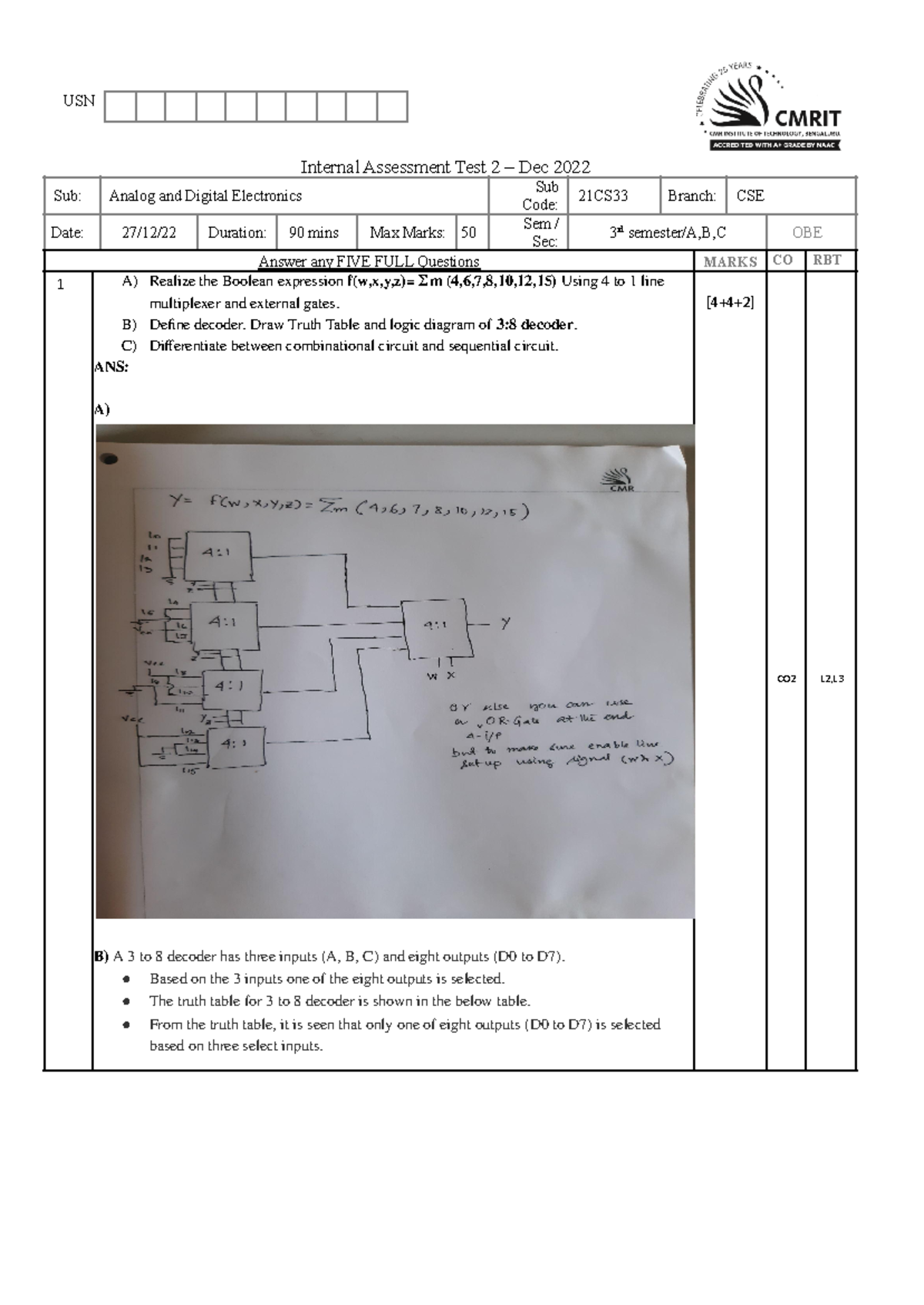 IAT-II Question Paper with Solution of 21CS33 Analog and Digital Electronics Dec-2022-Pratham ...